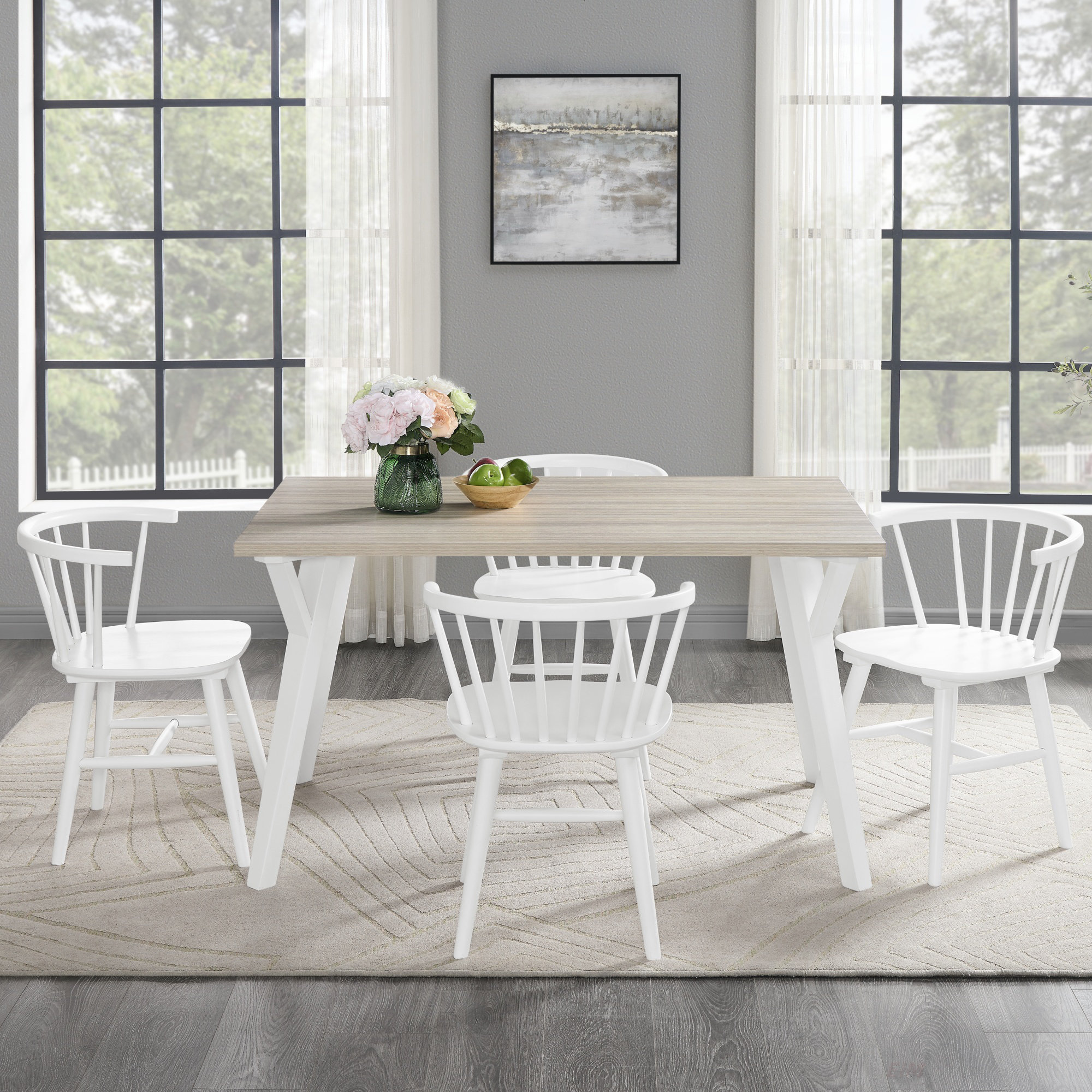 Gracie Oaks Roundhill Alwynn White And Natural Wood 5-Piece Dining Set ...