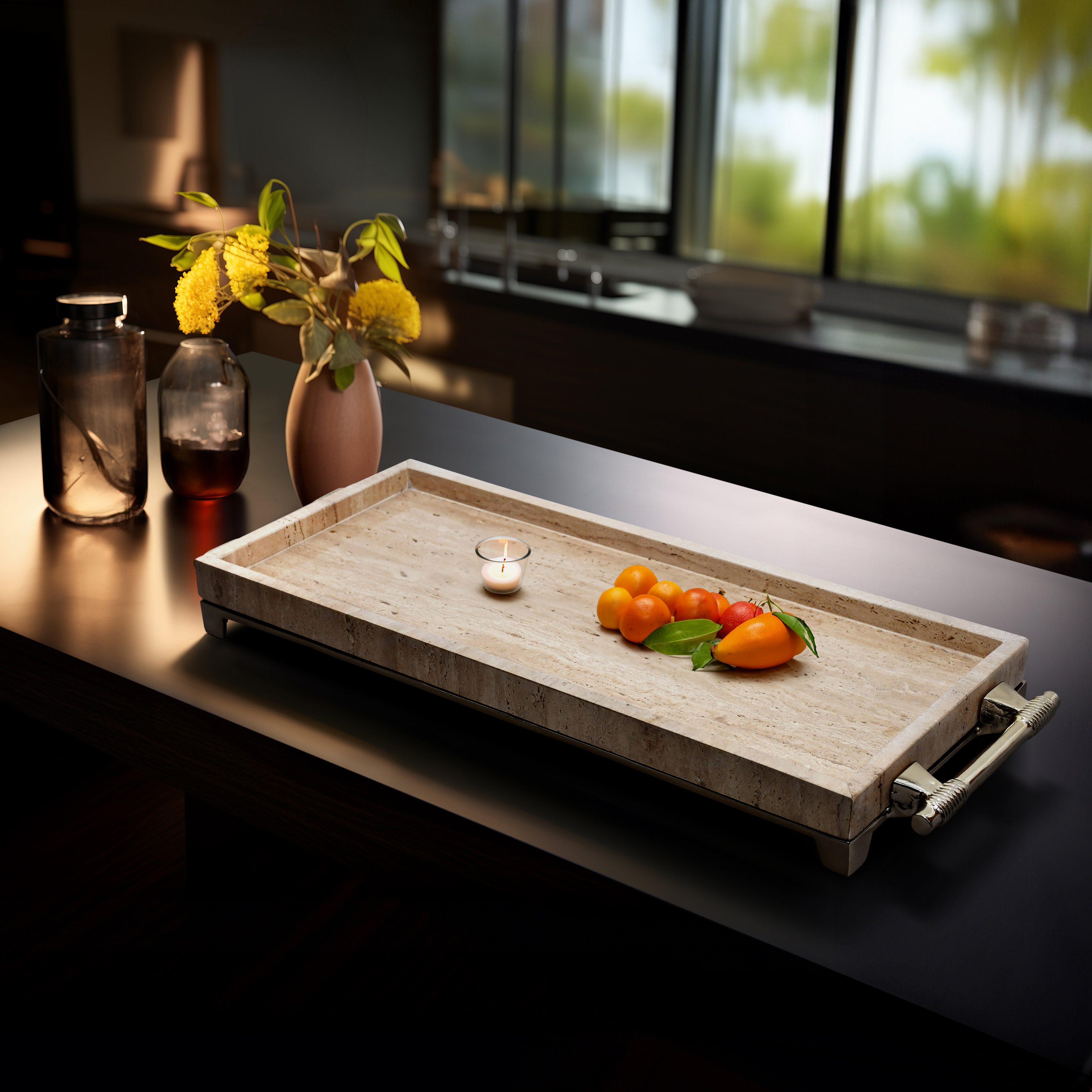 Everly Quinn Nachmen 27-inch Rafael Travertine Tray, Natural Marble and ...