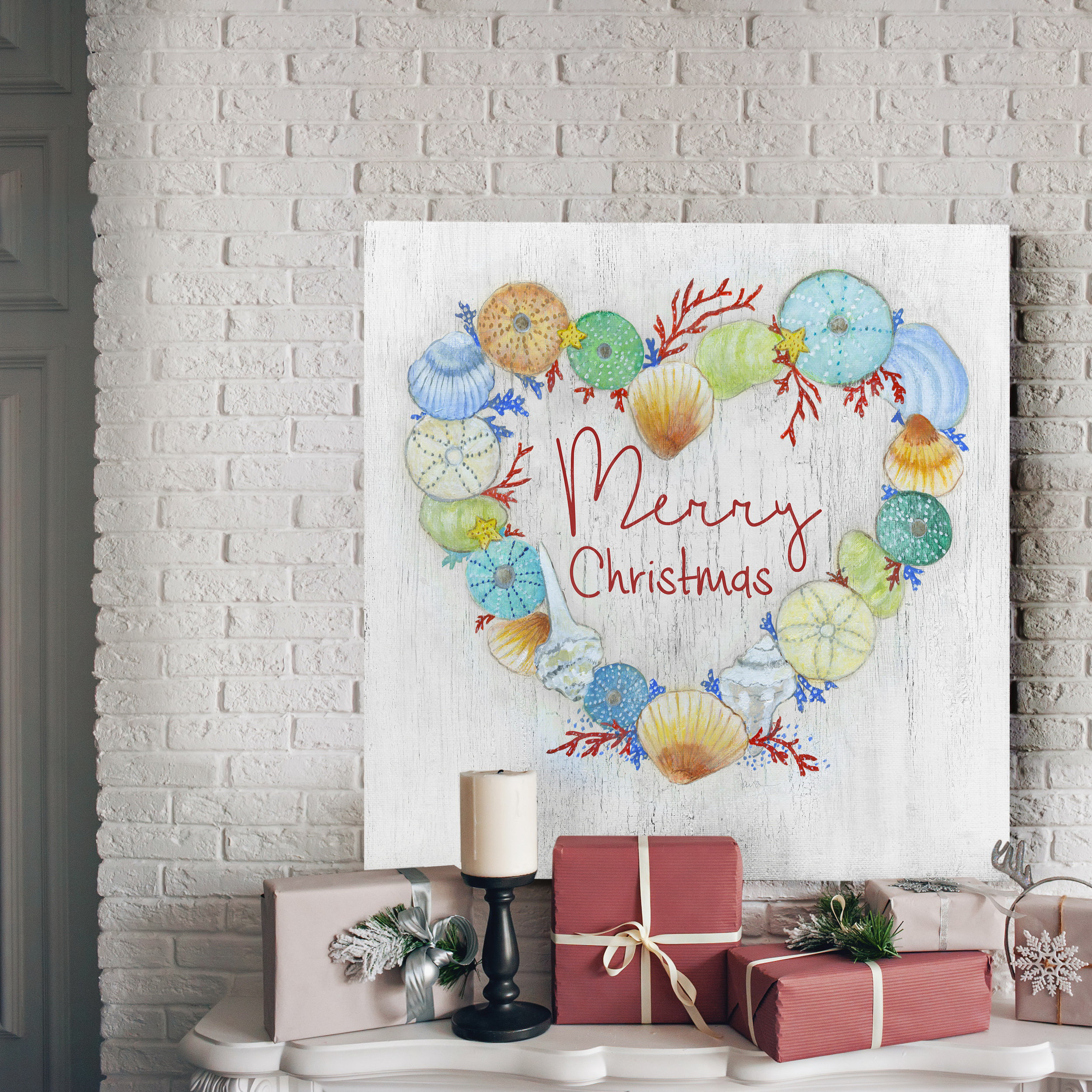 The Holiday Aisle® Merry Christmas Shell Wreath - Wrapped Canvas ...