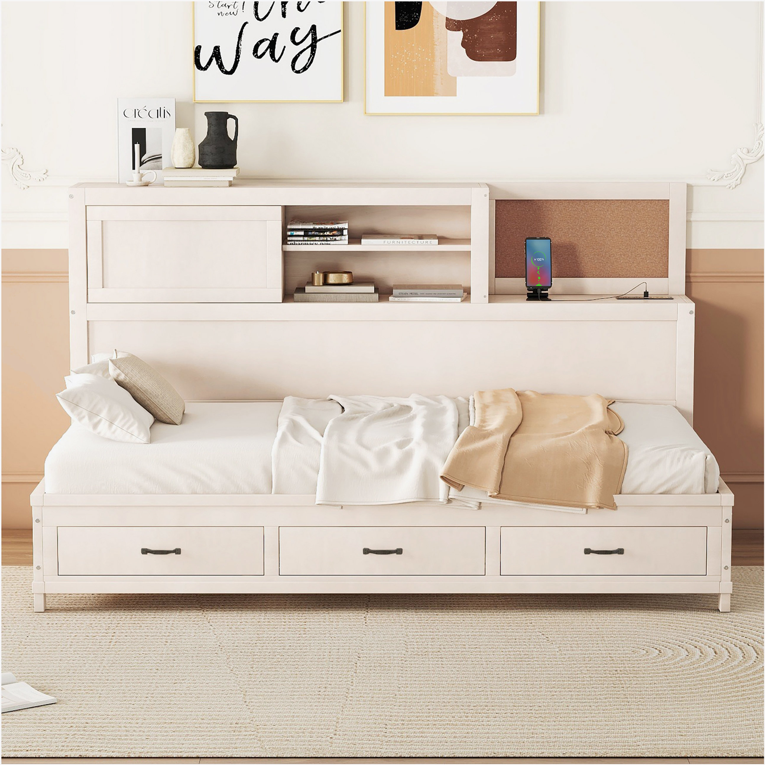 Wenty Wooden Daybed with 3 Storage Drawers, Upper Soft Board, shelf ...