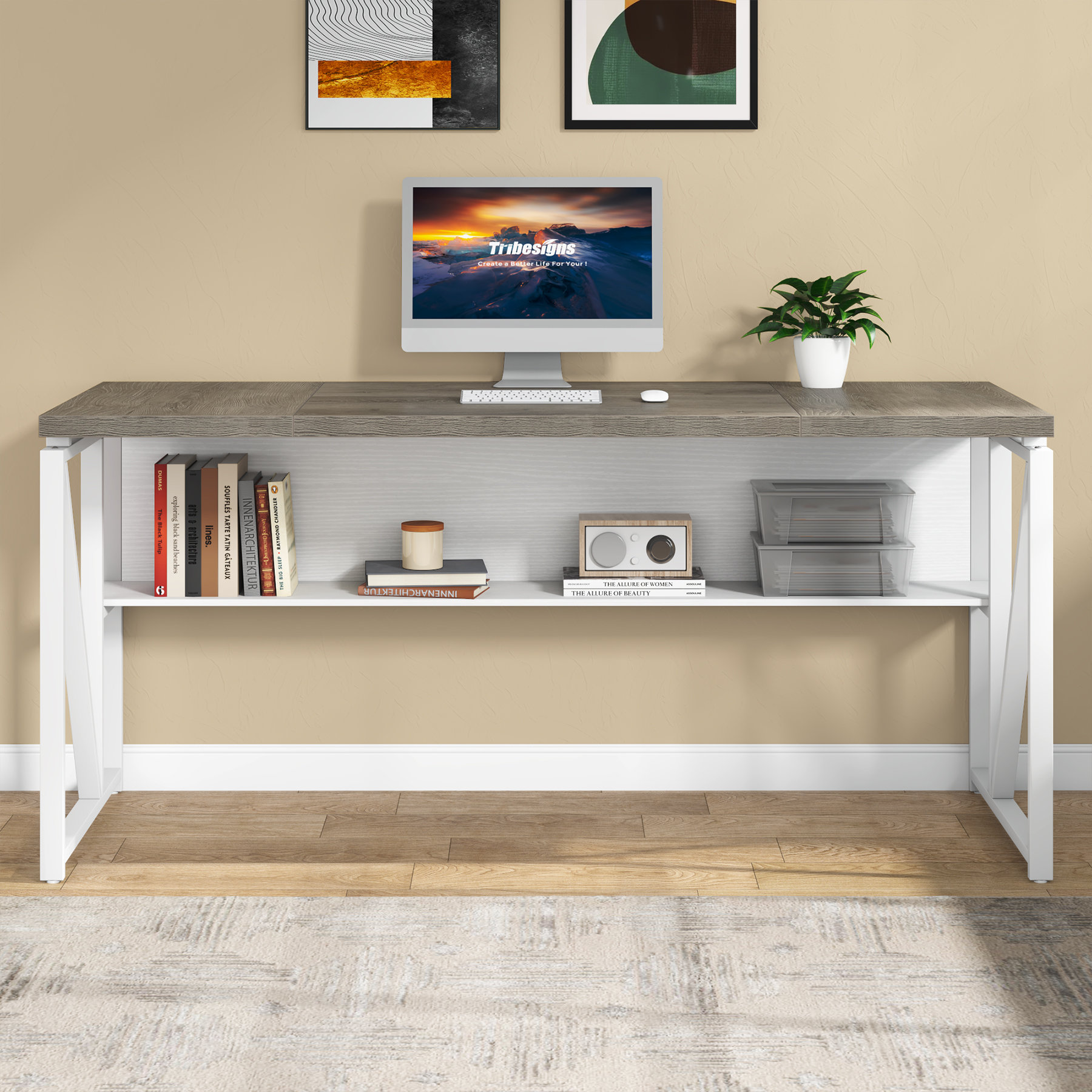 Gracie Oaks 63-Inch Moden Compute Desk With Storage Shelf ,Home Office ...