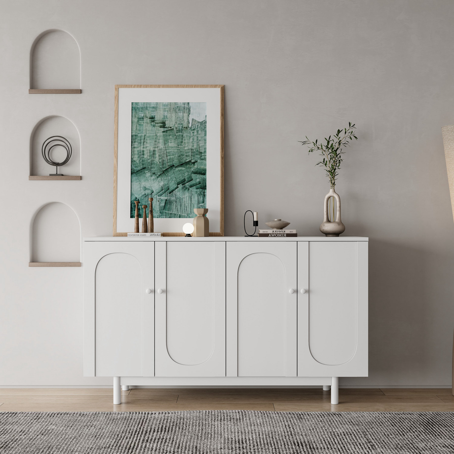 Latitude Run® Stylish And Functional 4-door Intaglio Storage Cabinet With Pine Legs, Solid Wood ...