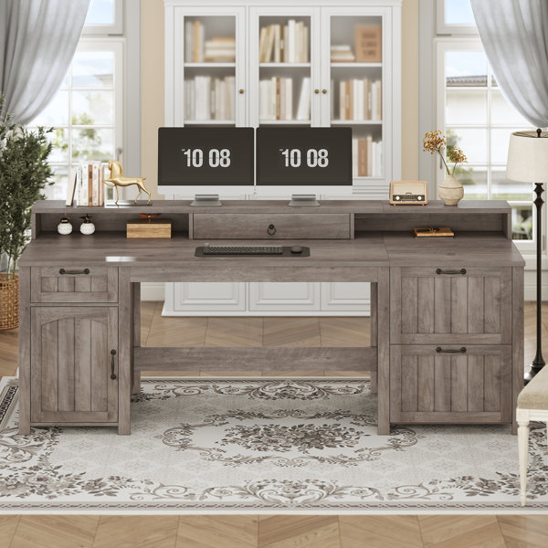 Gracie Oaks Farmhouse 63" Executive Desk, Wood Computer Desk With ...