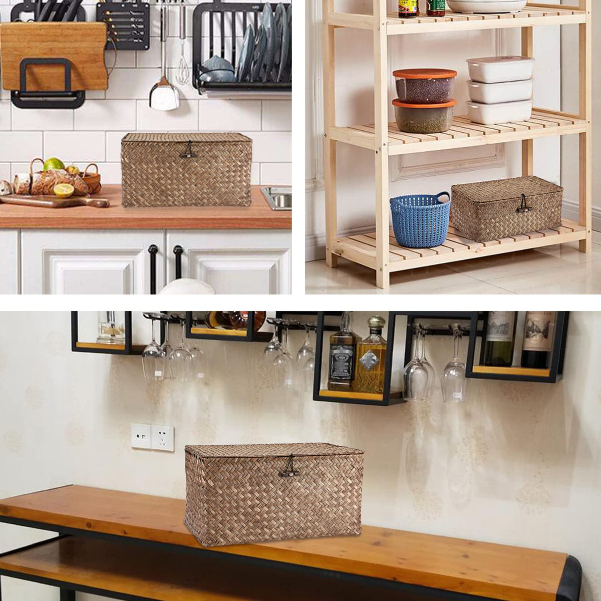 Bayou Breeze Wicker Shelf Baskets Bin With Lid, Handwoven Seagrass ...