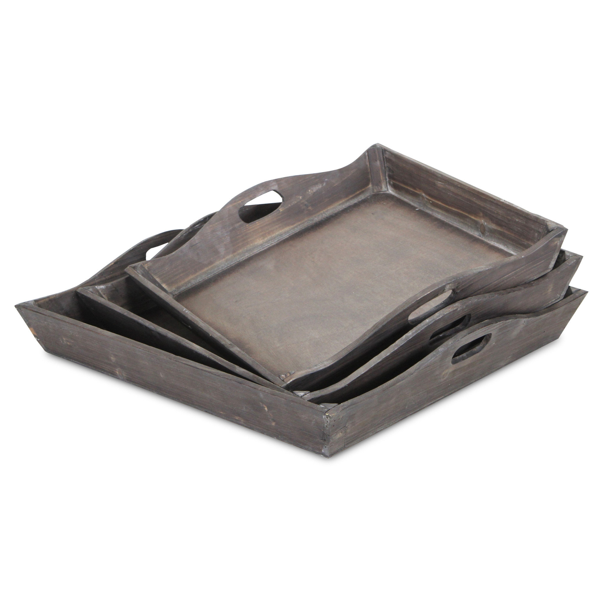 ZeaZu Set Of Three Rustic Brown Wood Handmade Trays With Handles | Wayfair