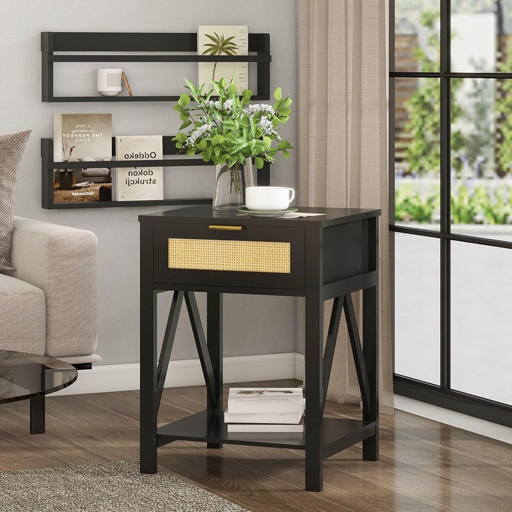 Bay Isle Home™ Black Rattan End Table With Storage, Boho Side Table ...