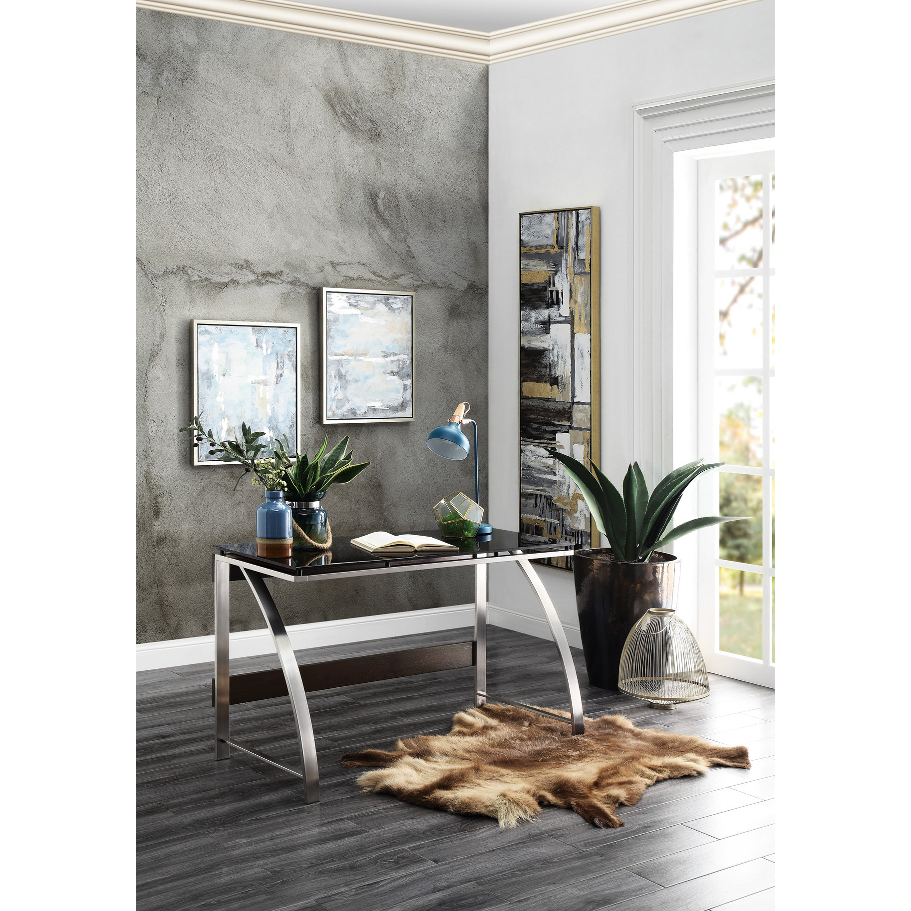 Brayden Studio® 2-tone Office Desk With Glass Top And Stainless Steel ...