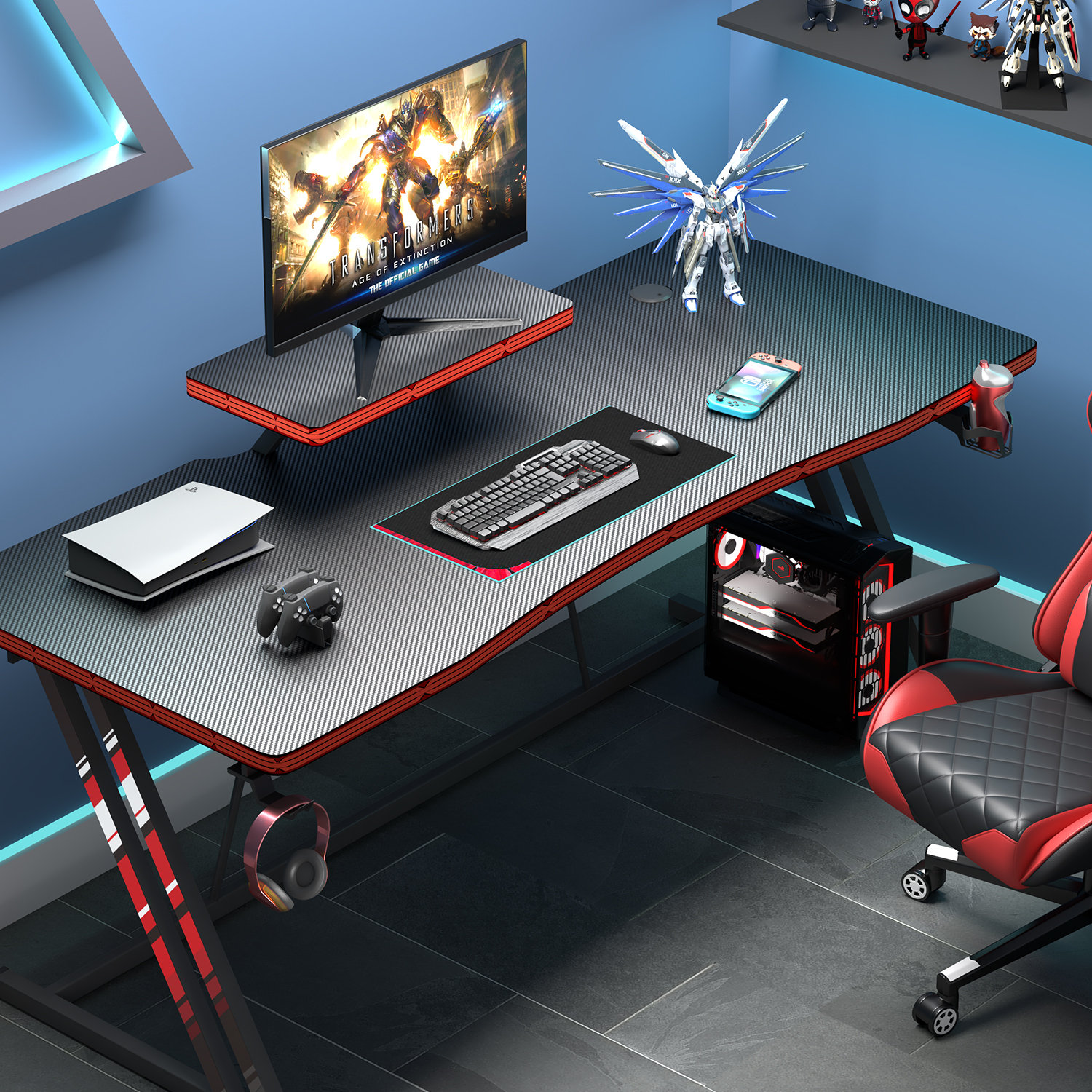 The Twillery Co.® Aidan Z-Shaped Gaming Desk with Monitor Stand ...