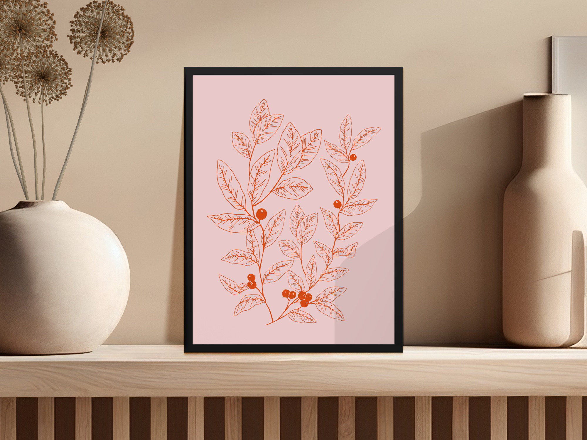 Lark Manor Botanical Illustration in Orange Against Soft Pink Framed ...