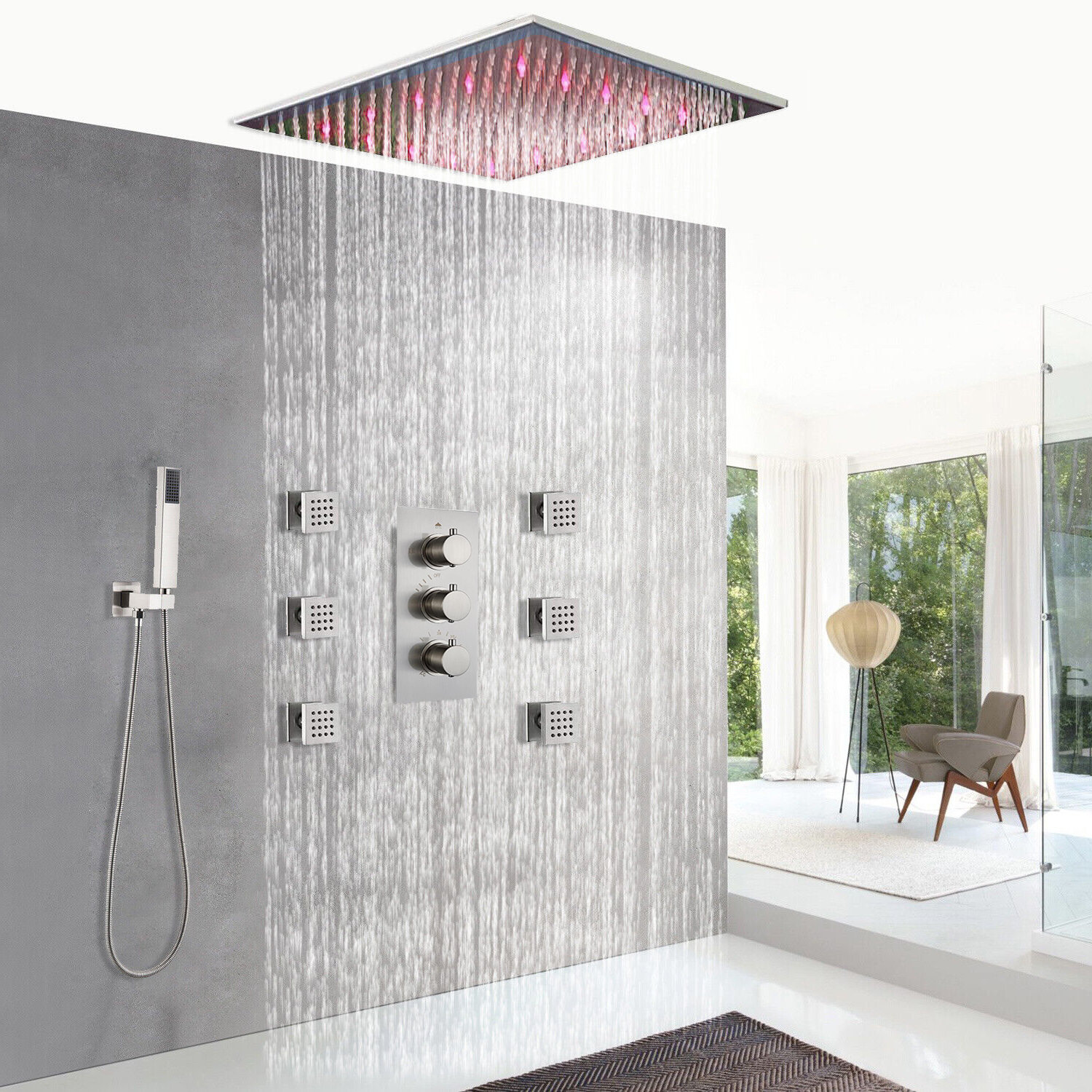 Senlesen Thermostatic 12"LED Rainfall Shower Faucet set Massage Body ...