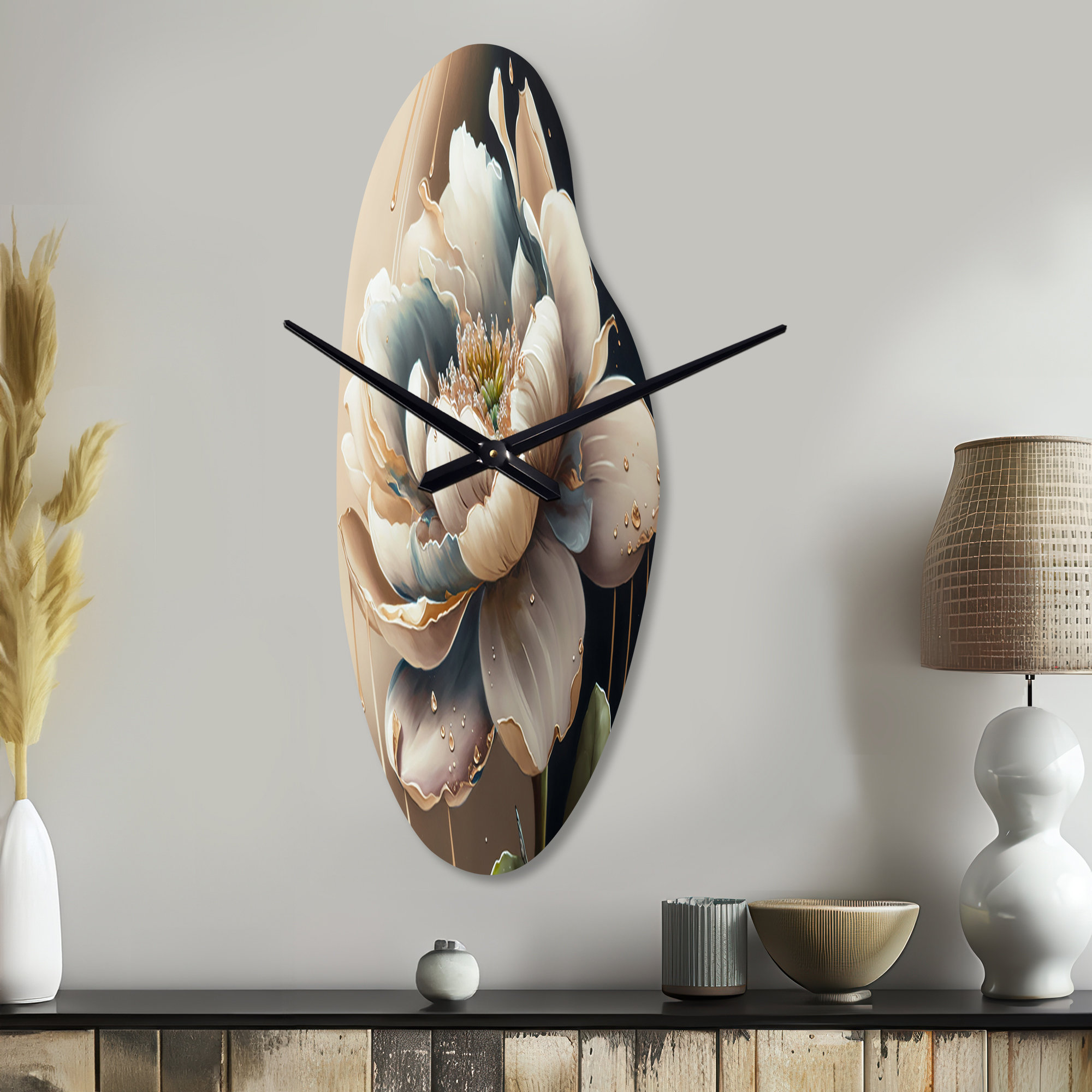 Design Art Cream White Flower - Curved Shape White Wall Clock - Unique ...