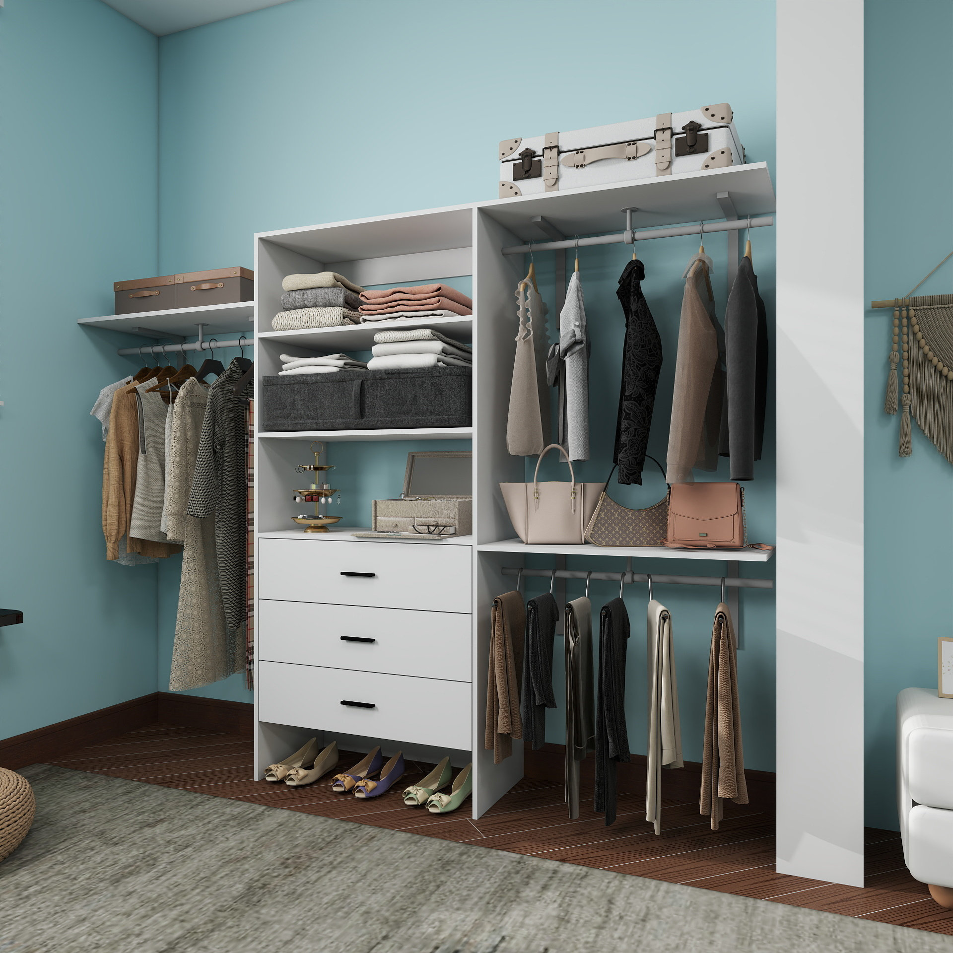 Latitude Run® Modern White Walk-in Wardrobe Armoire, w/ 6 Shelves & 3 ...