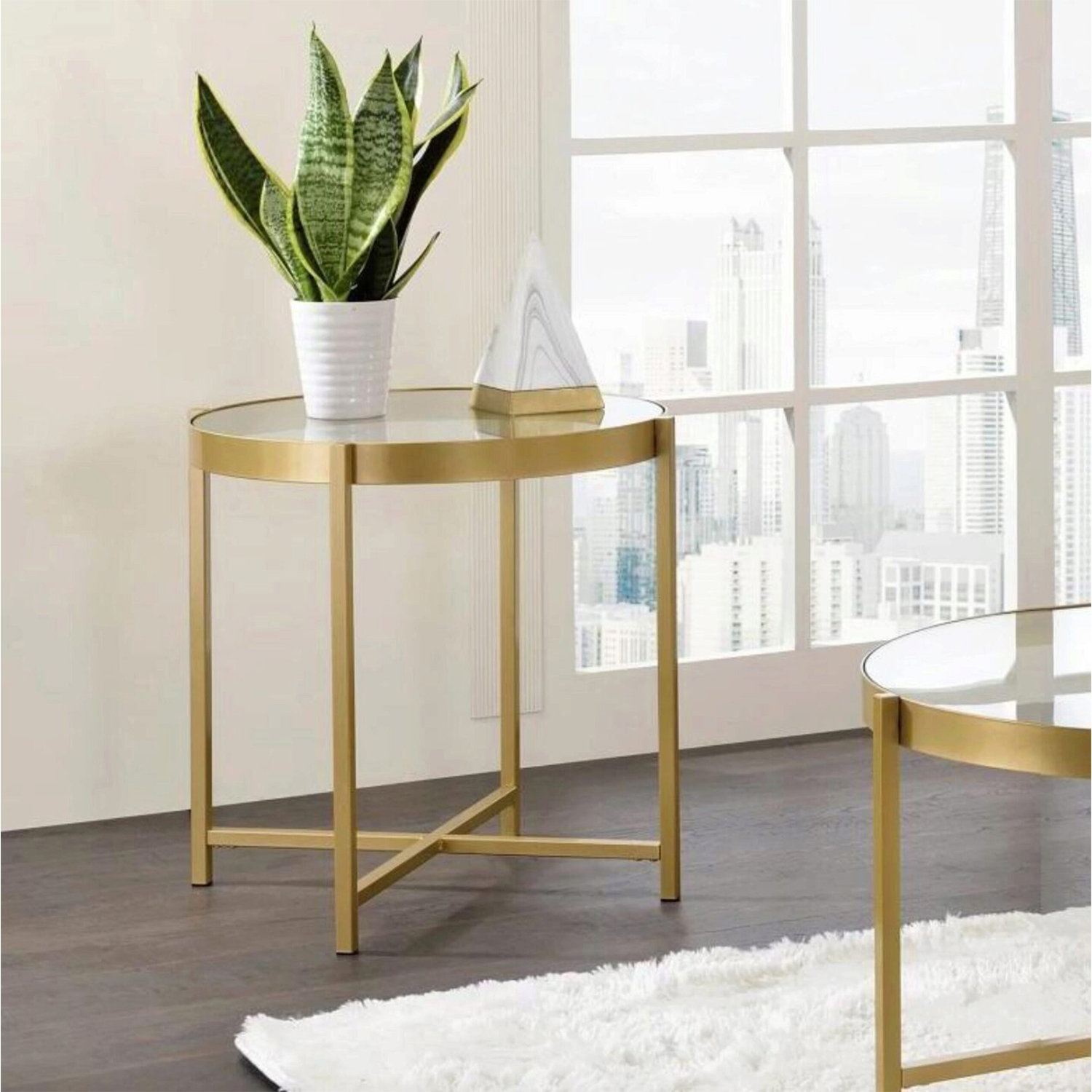 Everly Quinn Glass Round Top End Table With Metal Frame In Gold ...