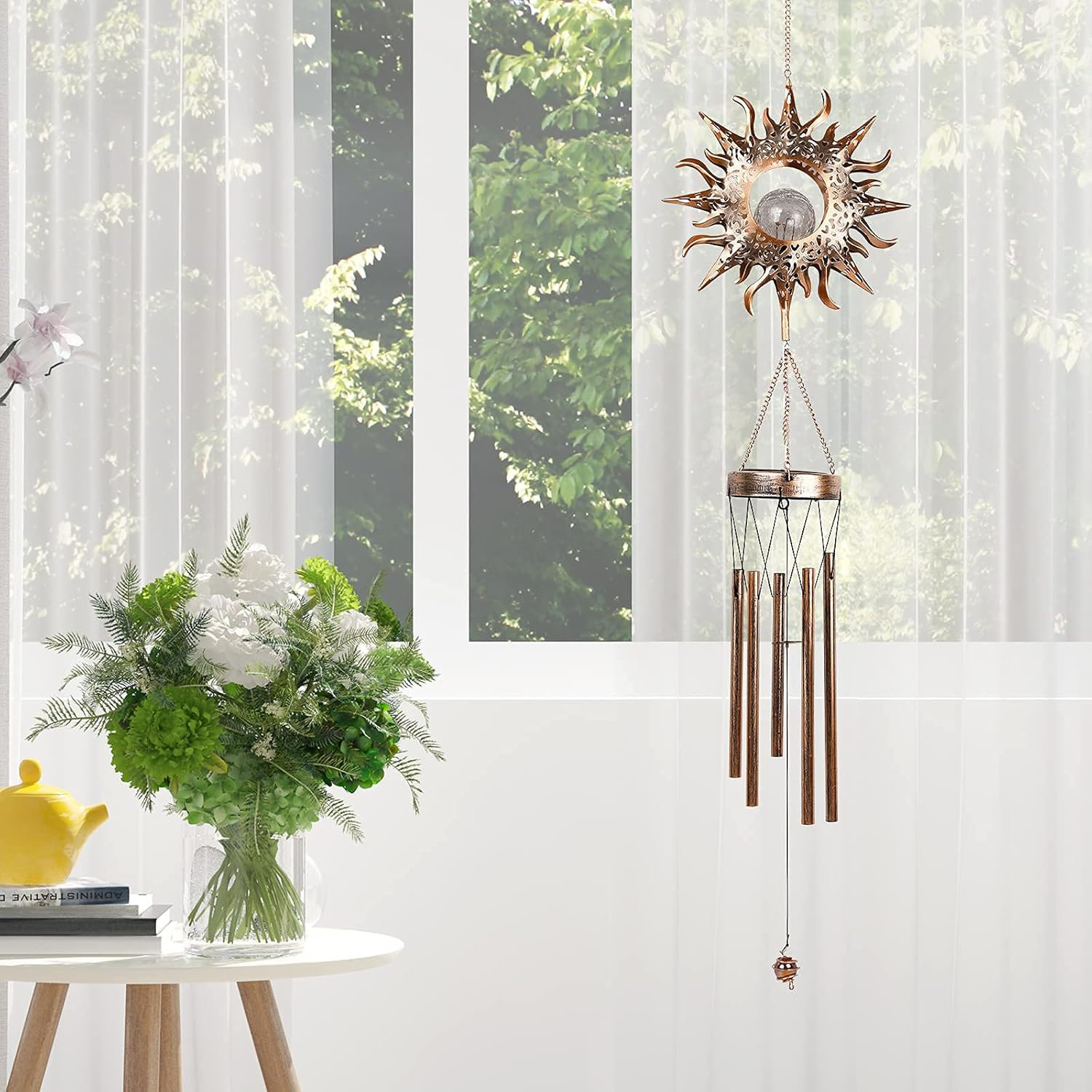 Arlmont & Co. Solar Sun Wind Chime With LED Crackle Glass, 42" Outdoor ...