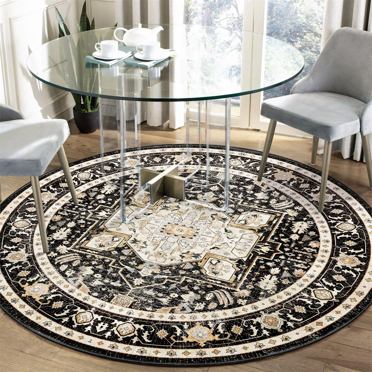 Bungalow Rose Round Rug 5ft,black Circle Area Rug Washable,boho ...