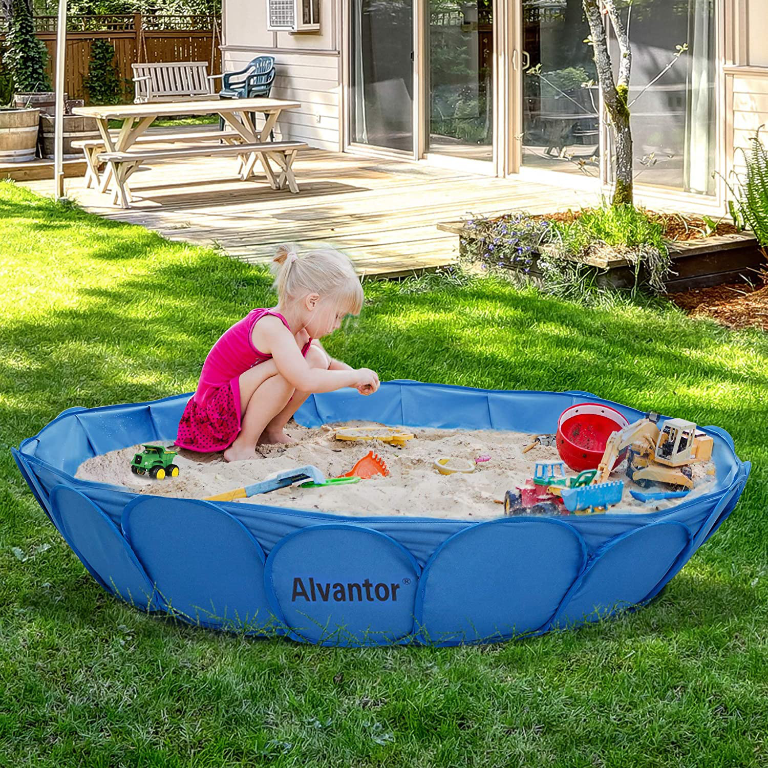 EighteenTek 63" x 12" Plastic Round Blue Sandbox with Cover & Reviews ...
