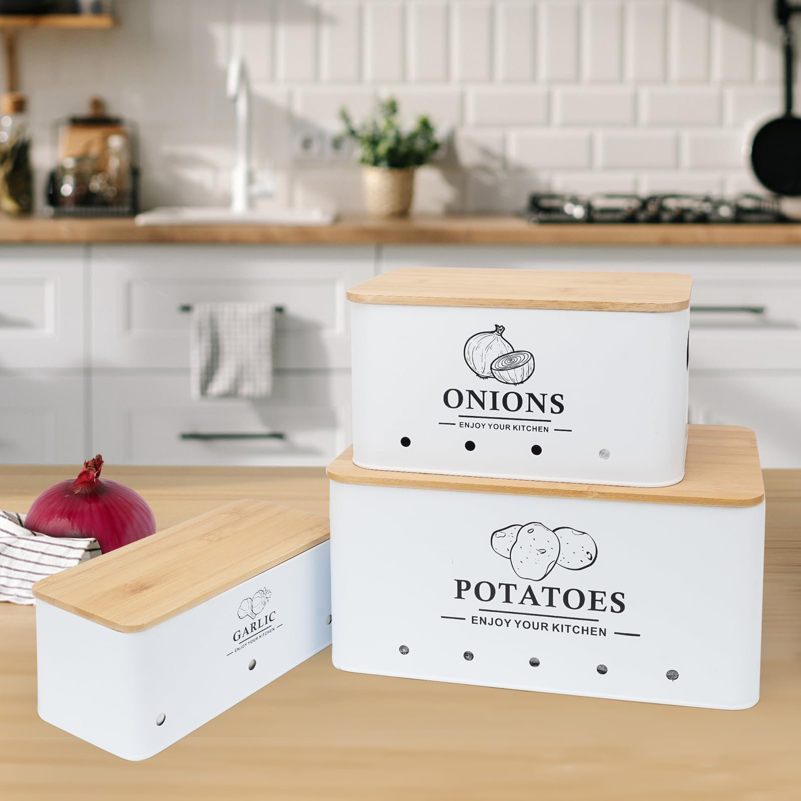 Gracie Oaks Kitchen Vegetable Storage Set Of 3, Metal Onion Garlic ...