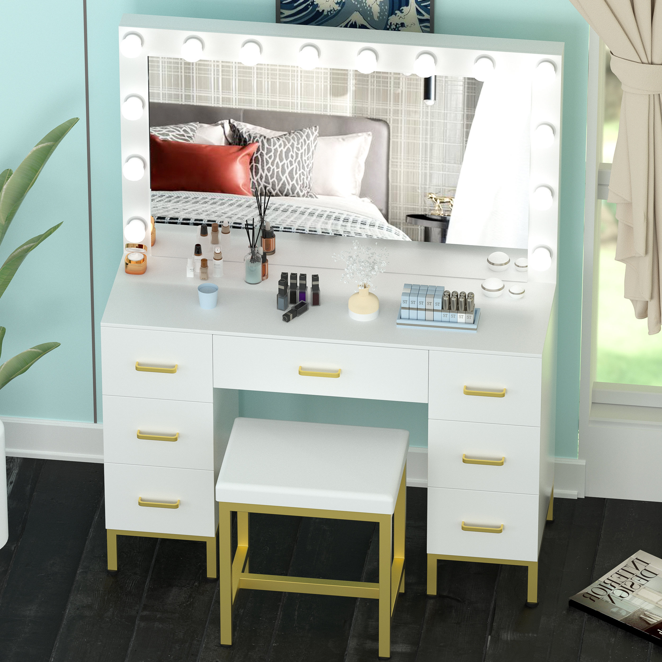 Mercer41 Lynae 44" Large Makeup Vanity with LED Bulbs and Lots of ...