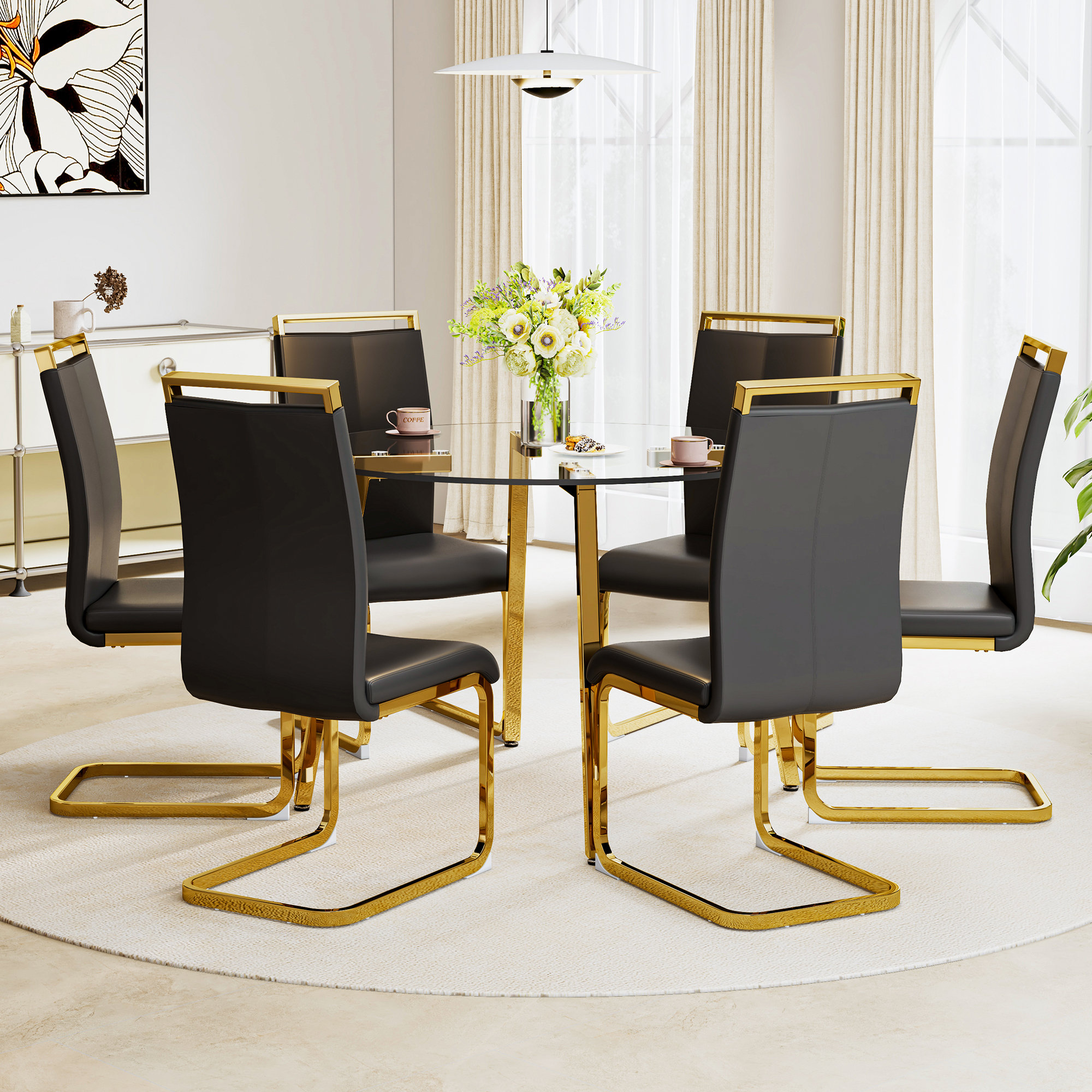 Everly Quinn Modern Luxurious Round Tempered Glass Dining Table Set ...