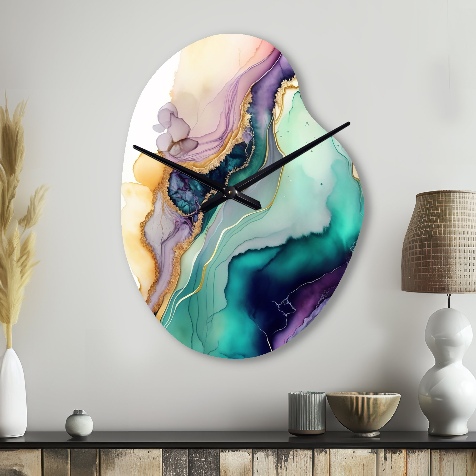 Design Art Green Purple Abstract Geode - Pear Shape Green Wall Clock ...