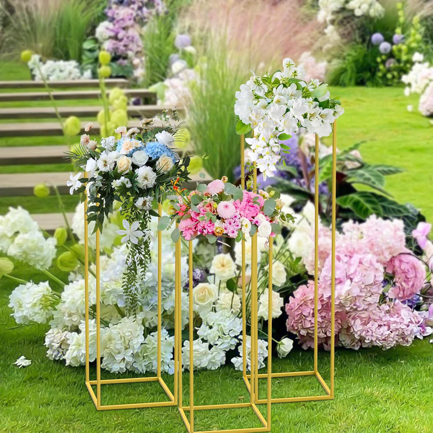 Mercer41 Gold Metal Plant Stand, 3 Pcs Tall Cylinder Pedestal Stands ...