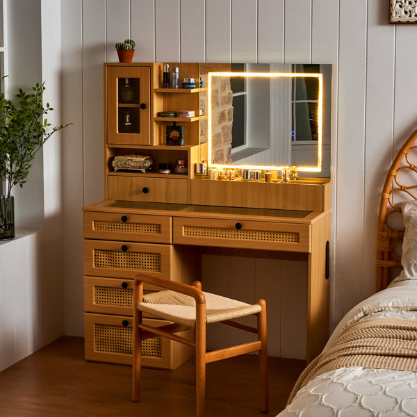 Bay Isle Home™ Rattan Makeup Vanity Desk With Led Mirror & 3 Light ...