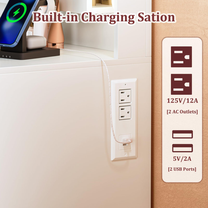 Ebern Designs Vanity Desk With Large Mirror And Lights, 9 Drawer, Power ...