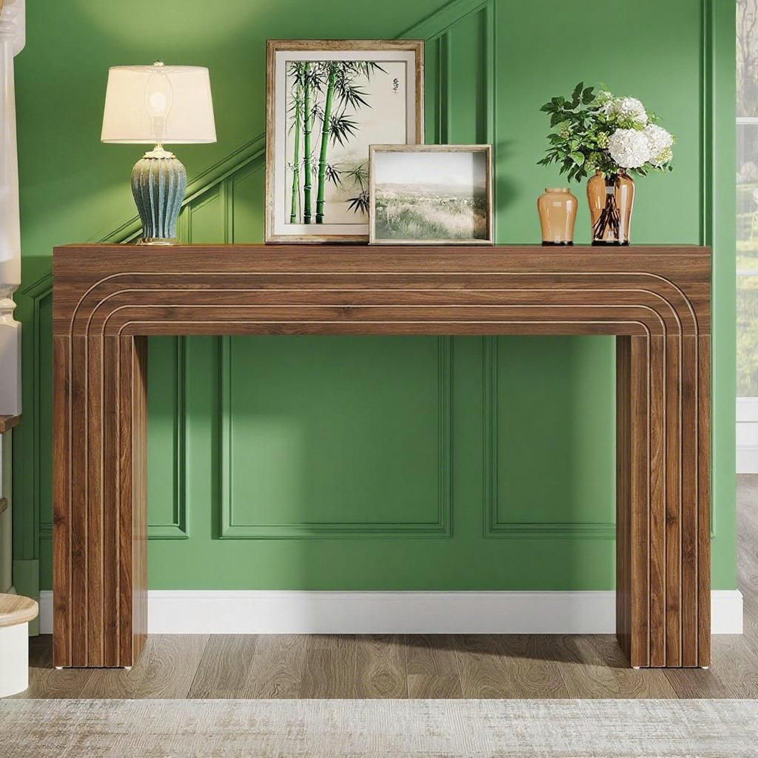 Millwood Pines 3-Tier Farmhouse Console Table with Glass Storage Shelf ...