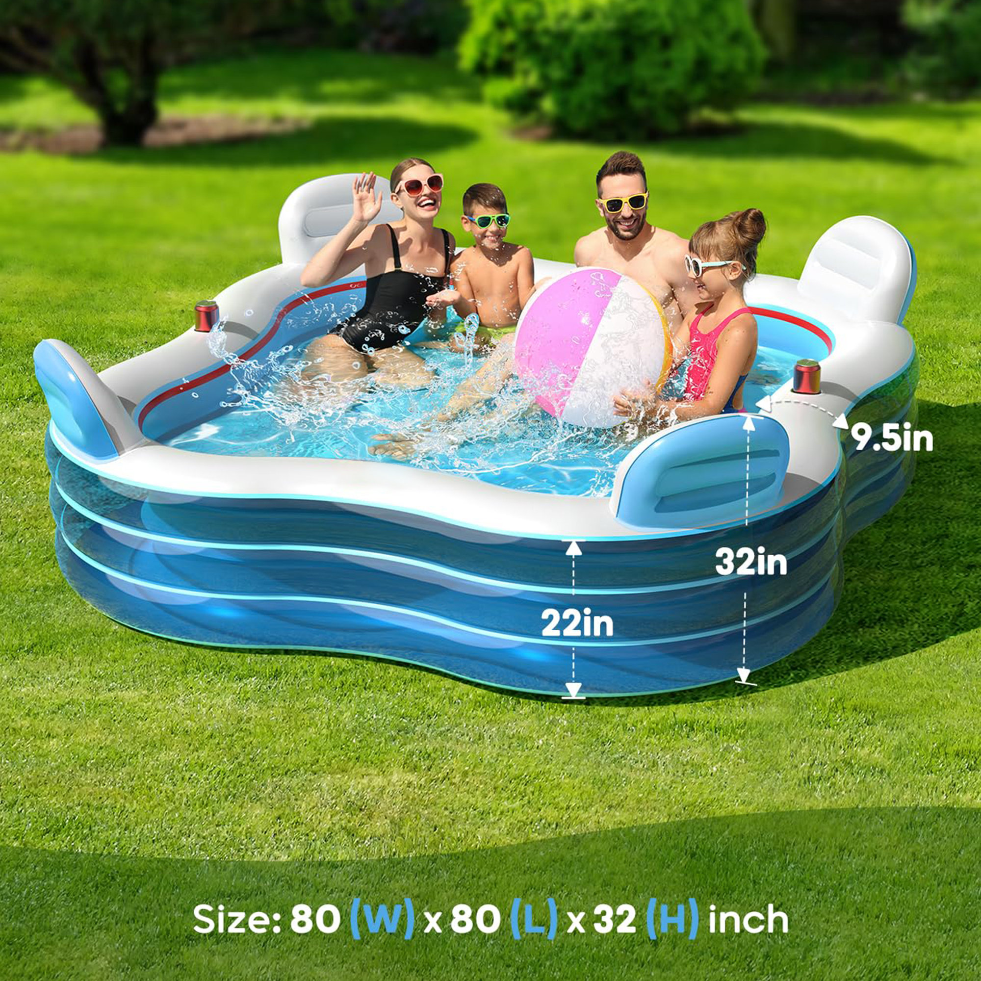 KIBNOF Inflatable Swimming Pool, Full-Sized Blow Up Pools with Seats ...