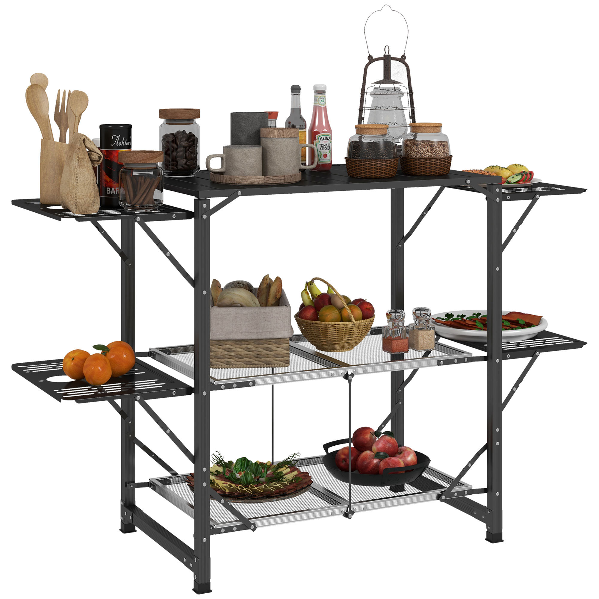 Rebrilliant Folding Camping Kitchen Table with 4 Side Tables 2 Shelves ...