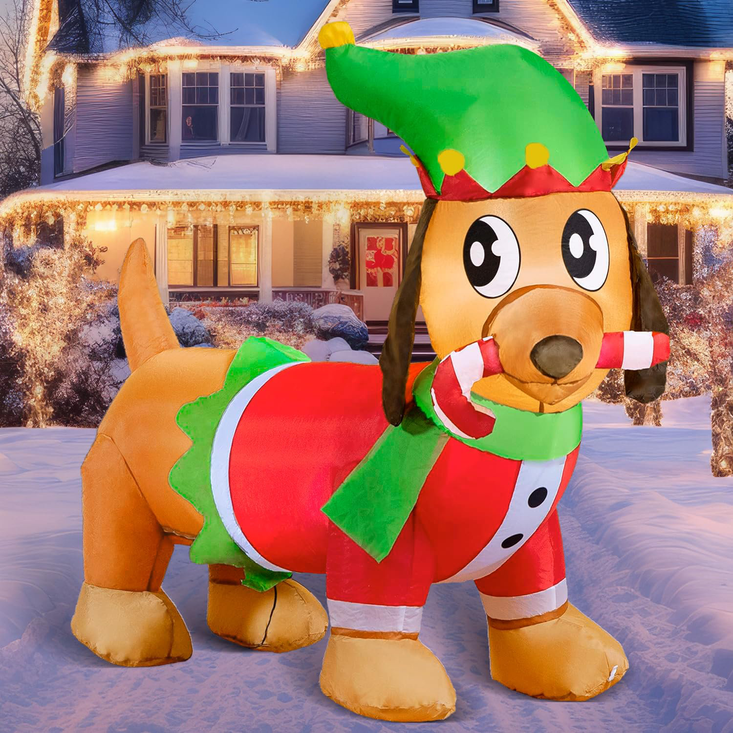 The Holiday Aisle® 5FT Inflatable Puppy with Candy Cane & LED Lights ...