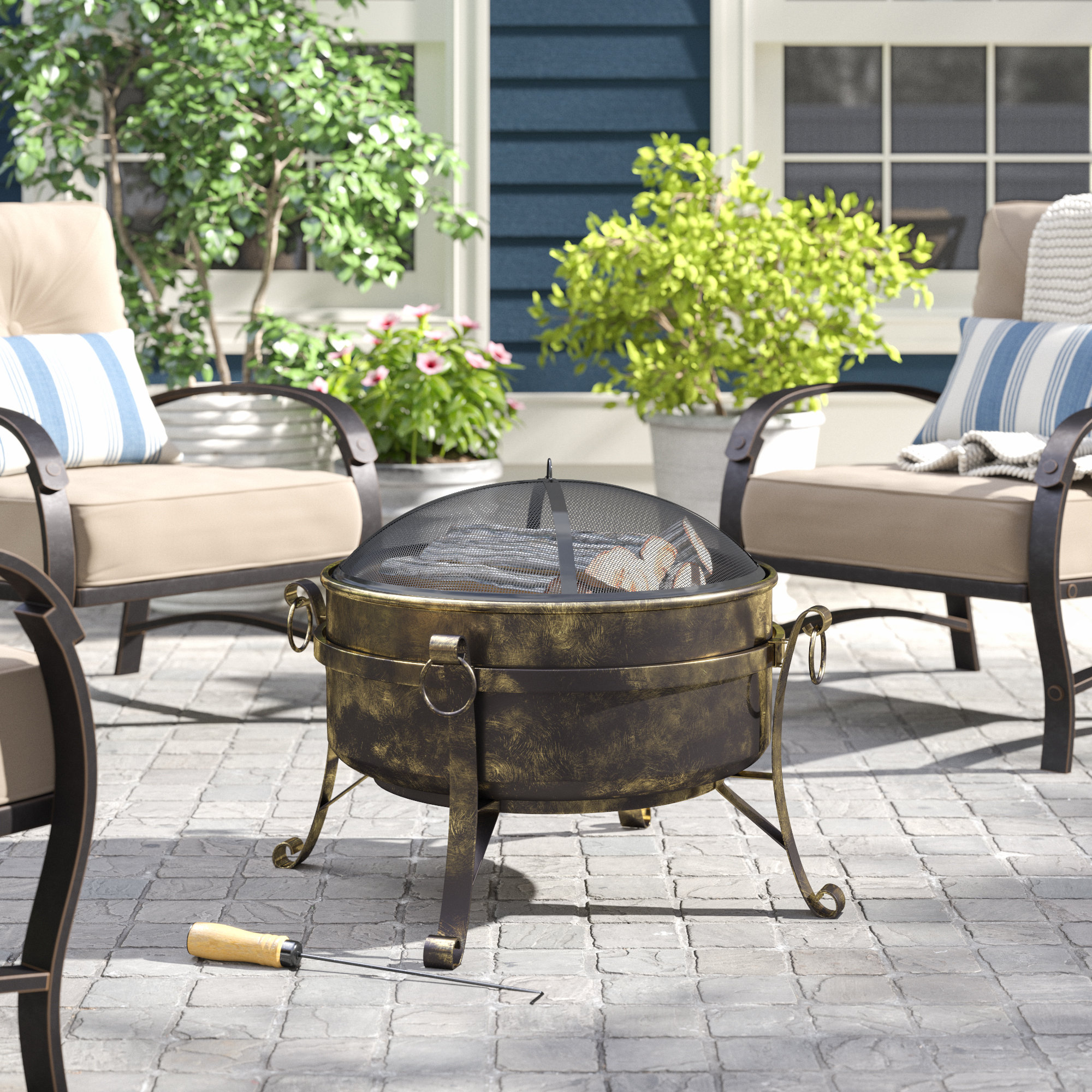 Charlton Home® Flanigan Round Wood-Burning Dark Bronze Finish Steel ...