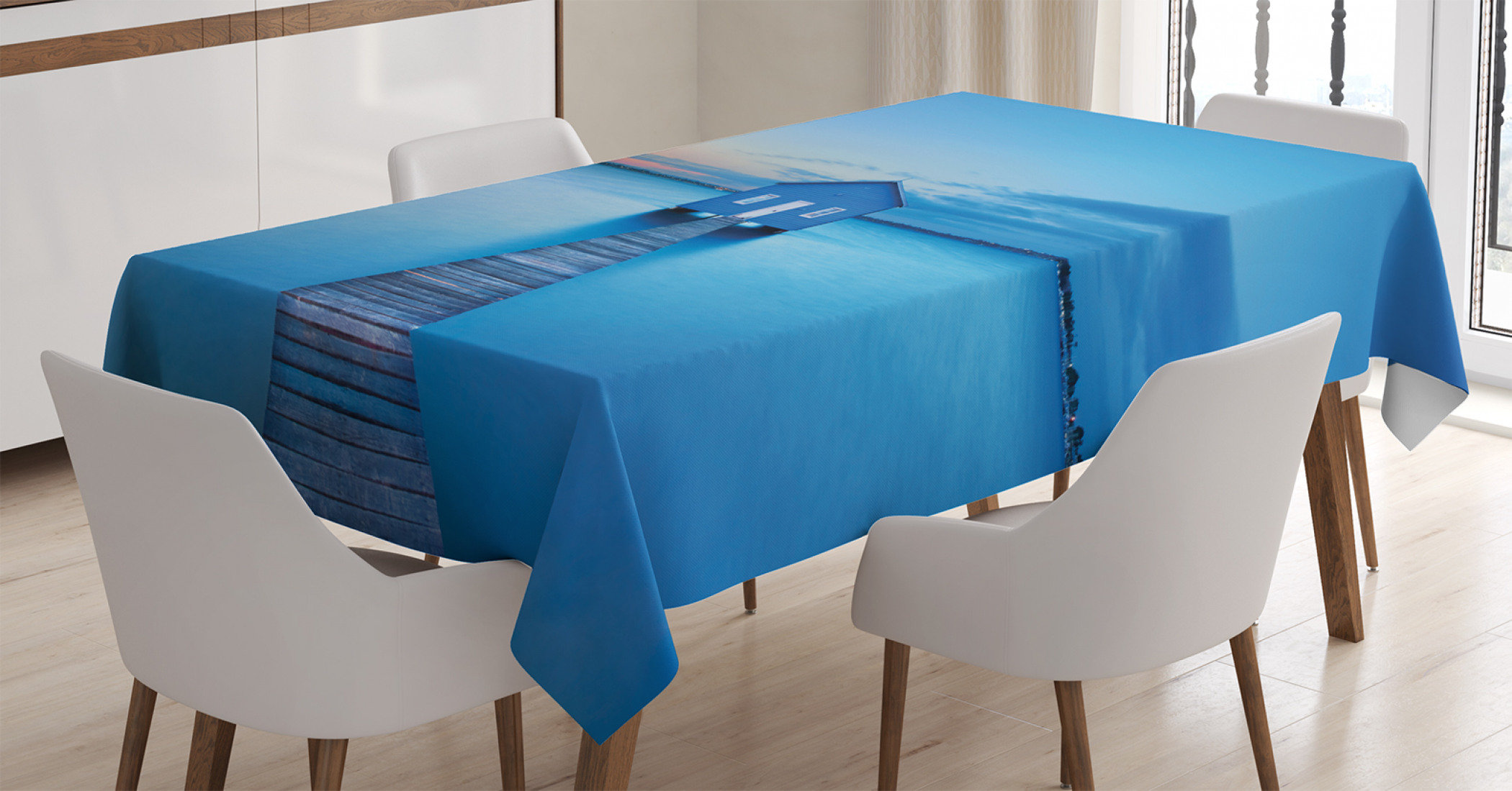 East Urban Home Landscape Tablecloth, Sunrise Over Water Lakehouse ...