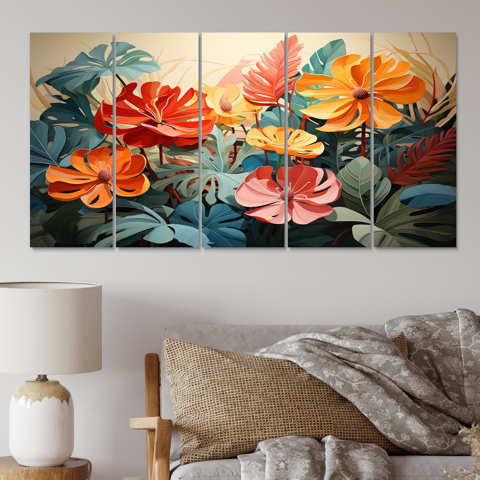 Design Art Orange Green Tropical Plants V - Tropical Canvas Wall Art ...