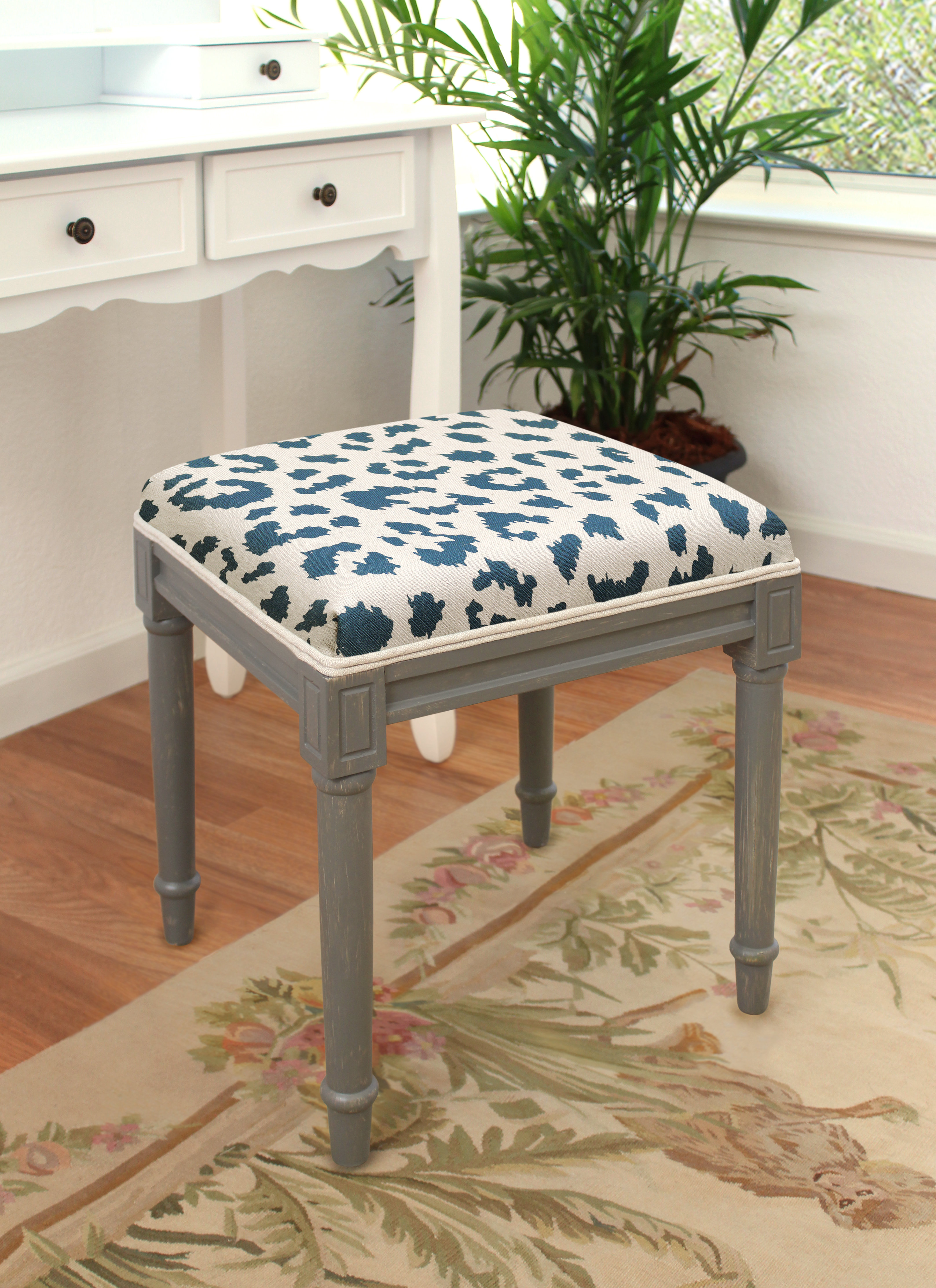 Canora Grey Navy Blue Cheetah Print Linen Upholstered Vanity Stool With ...