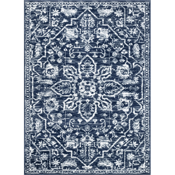 Bungalow Rose Dazzle Floral Vintage Bohemian Dark Blue Rug & Reviews ...
