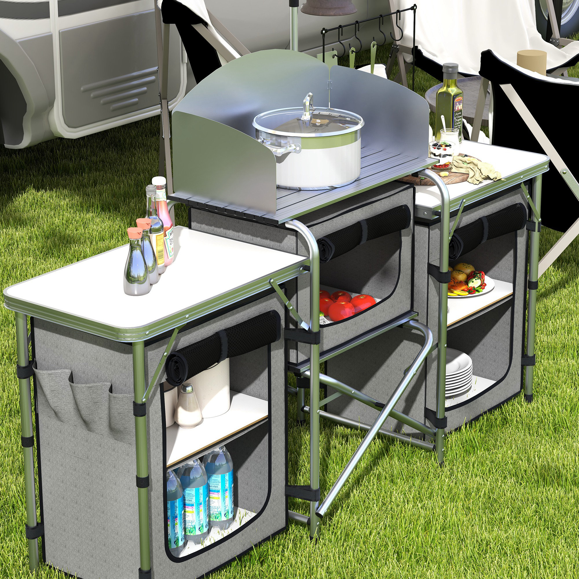 Outsunny Folding Camping Kitchen with Windshield Fabric Cupboards Grey ...