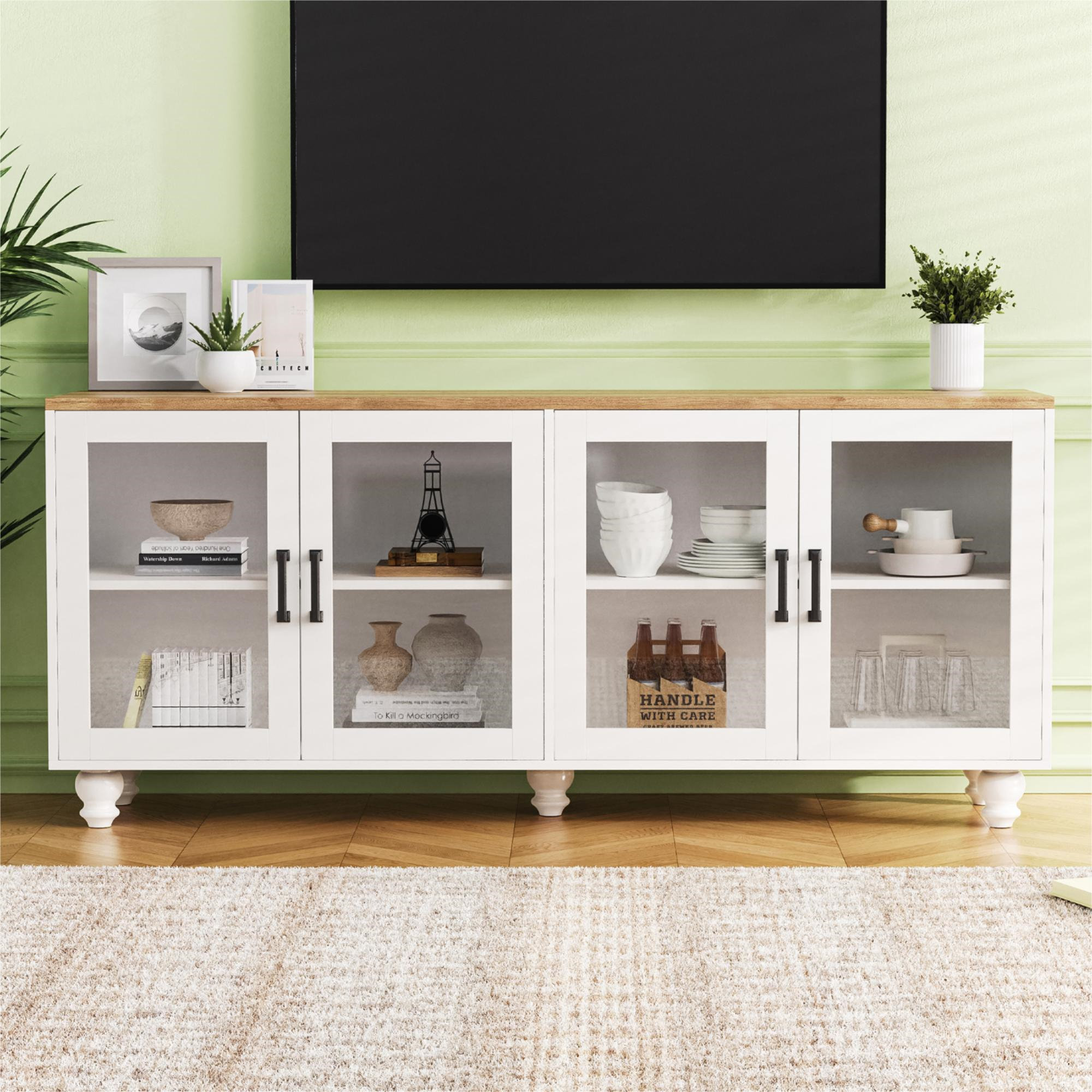 Alcott Hill® Farmhouse TV Stand With Tempered Glass Doors, Adjustable ...