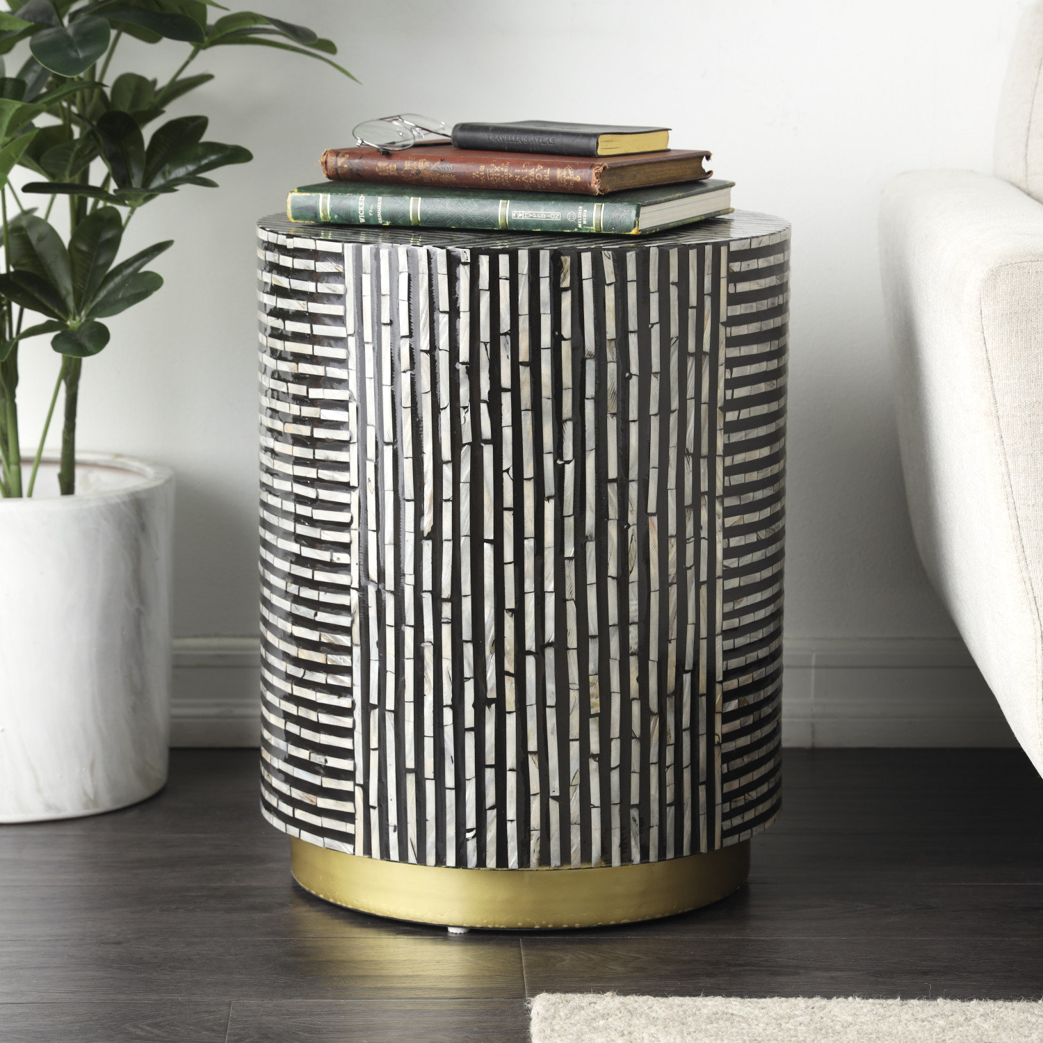Willa Arlo™ Interiors Mother of Pearl Shell Drum Side End Accent Table with Linear Mosaic ...