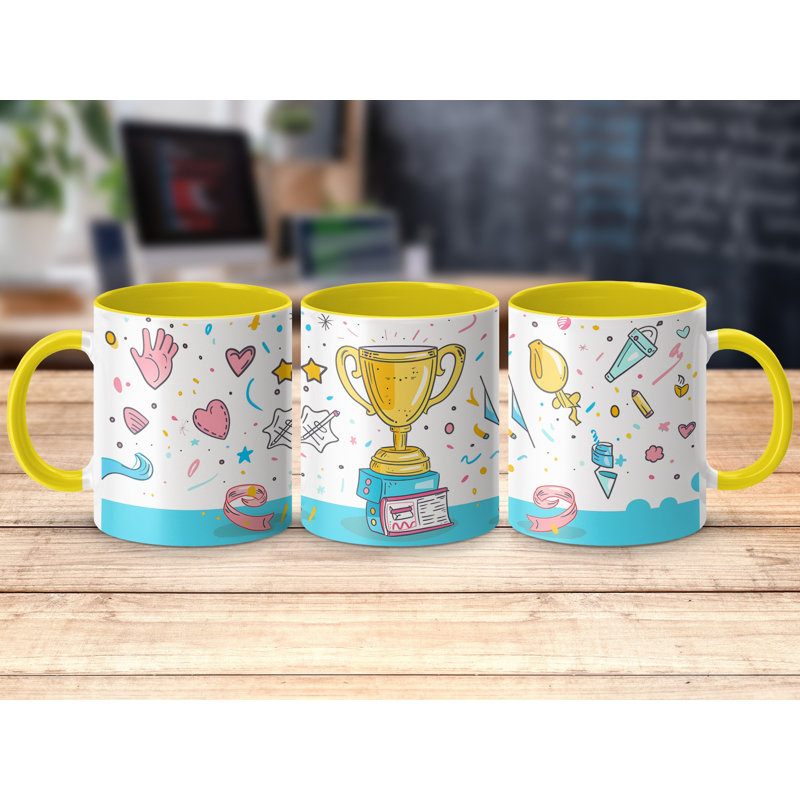 East Urban Home Set of 3 Kids Drawing Style 11oz Accent Mugs – White ...