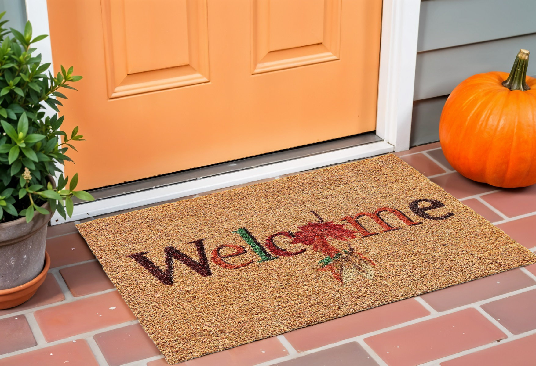 HomeRoots 17" X 29" Orange Fall Leaves Welcome Coir Outdoor Door Mat ...