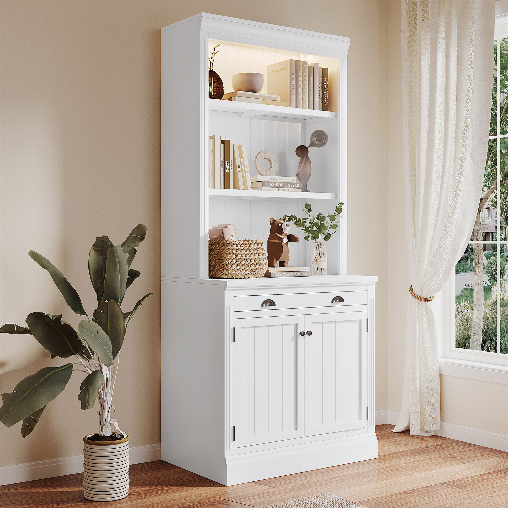 Wildon Home® Tall Bookshelf With LED Lighting,Modern Bookcase with 2 ...