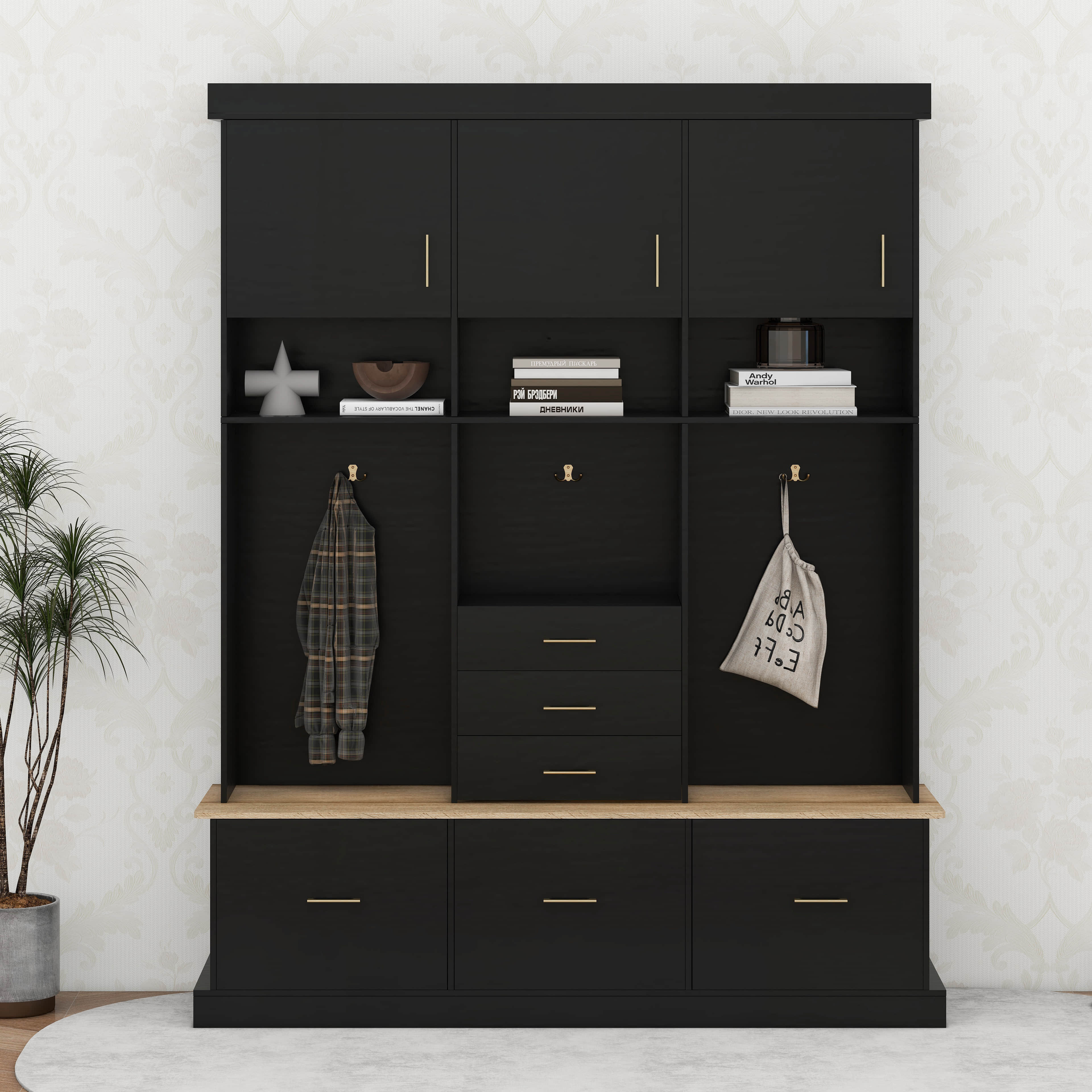 Cosmic Entryway Hall Tree With Bench And Storage, 5-In-1 Modern Hall ...