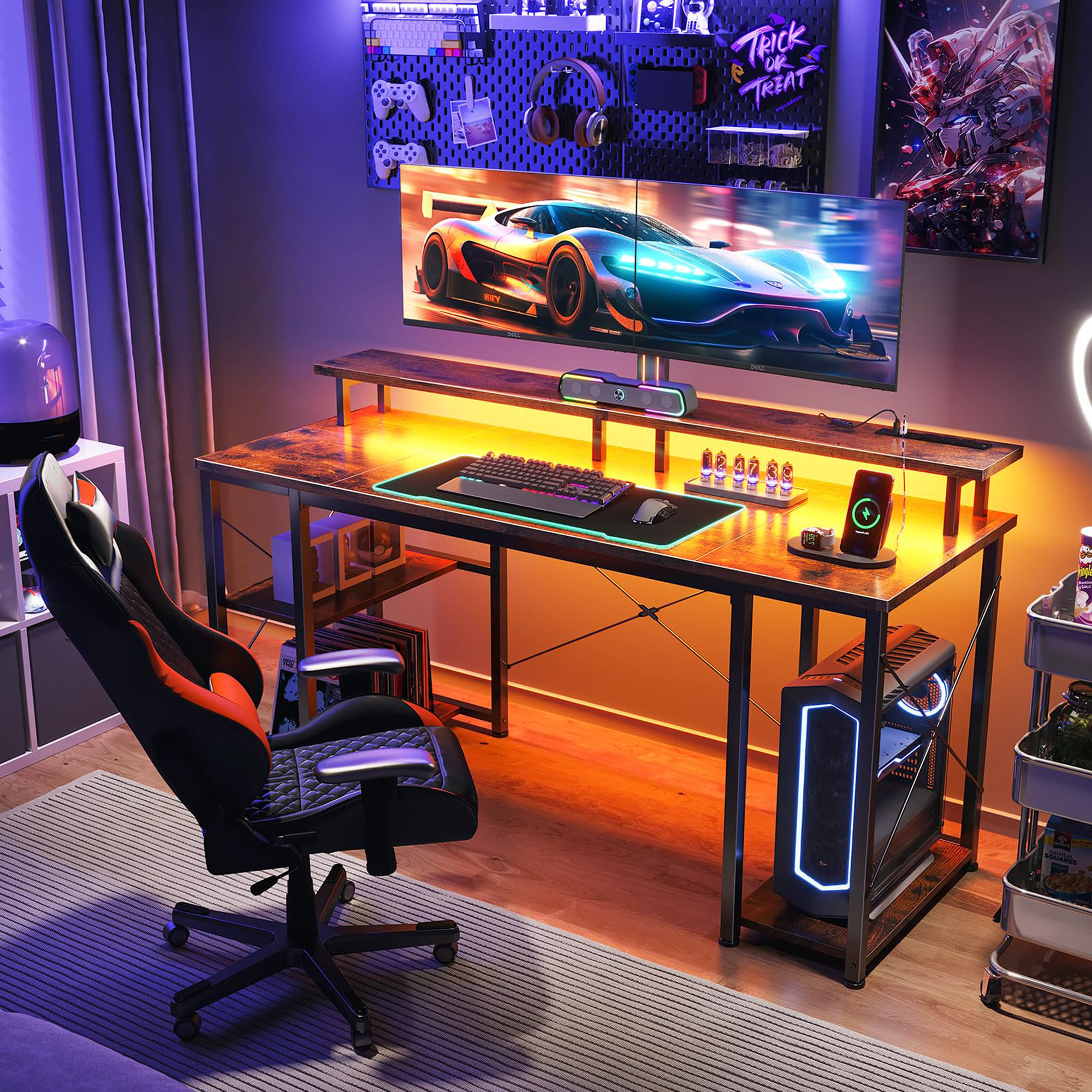 Brayden Studio® Gaming Desk with LED Lights & Power Outlets, Computer ...