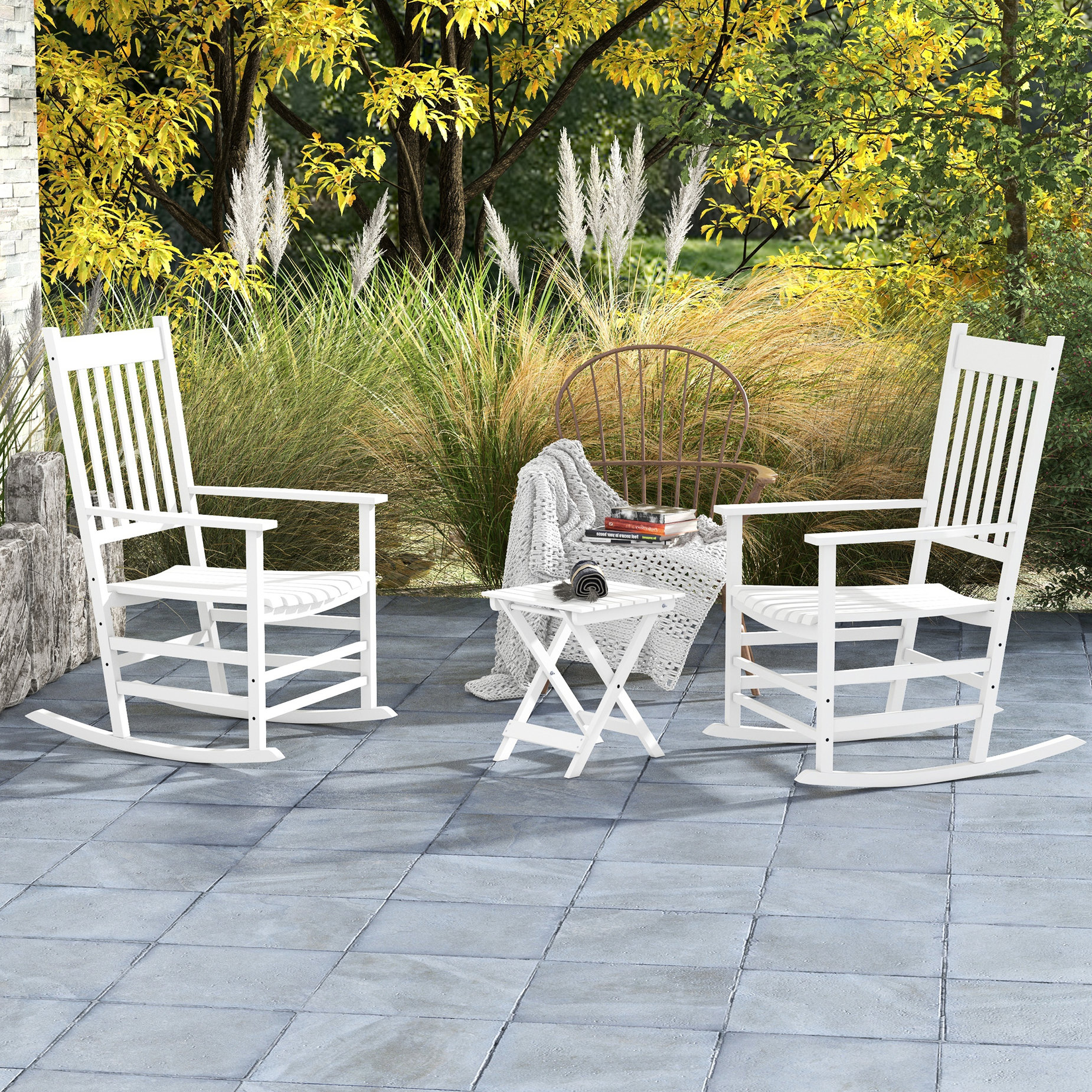 Hokku Designs White Outdoor Rocking Chair Of 2 With Side Table. Patio ...