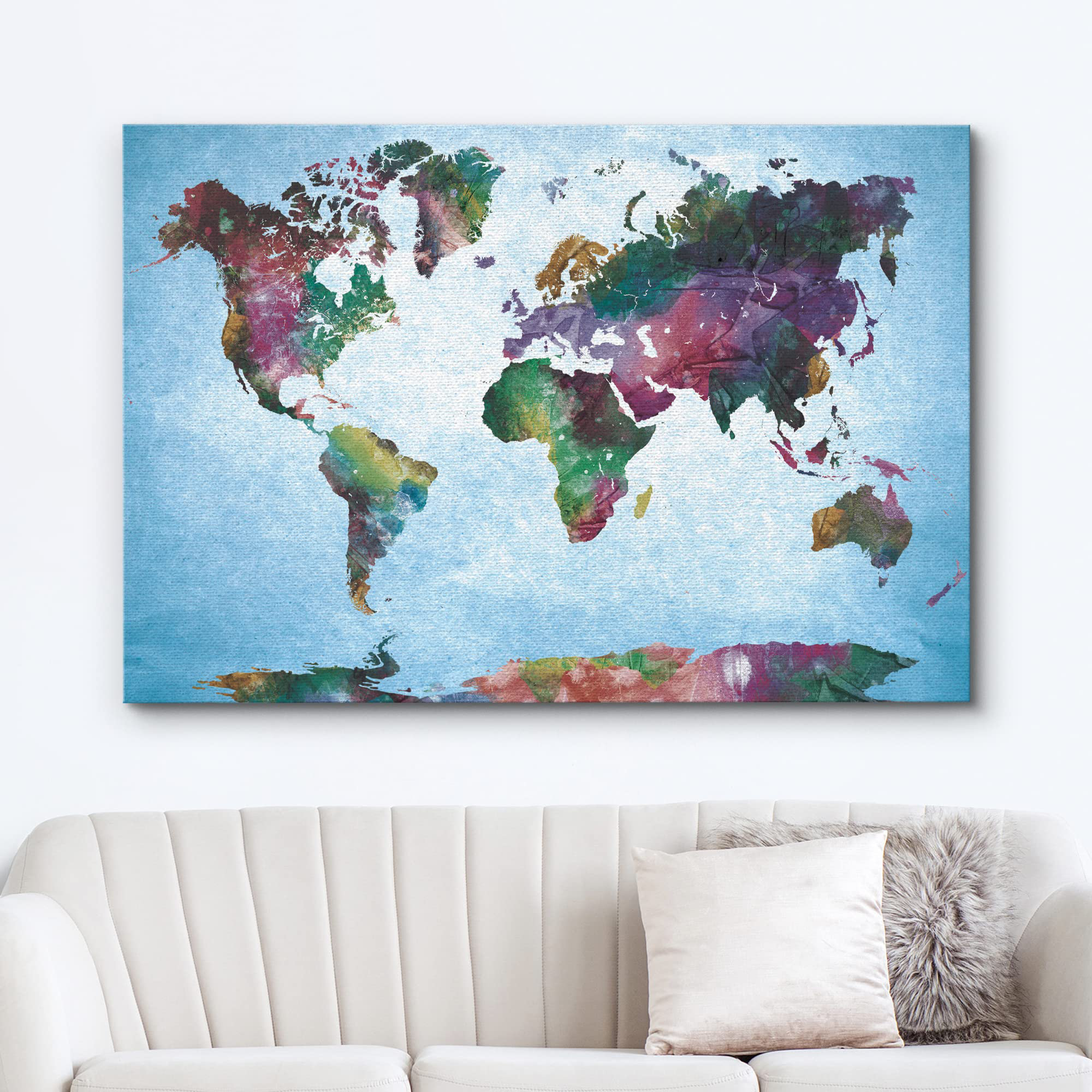 IDEA4WALL World Map Watercolor Multicolor Style Blue Background On ...