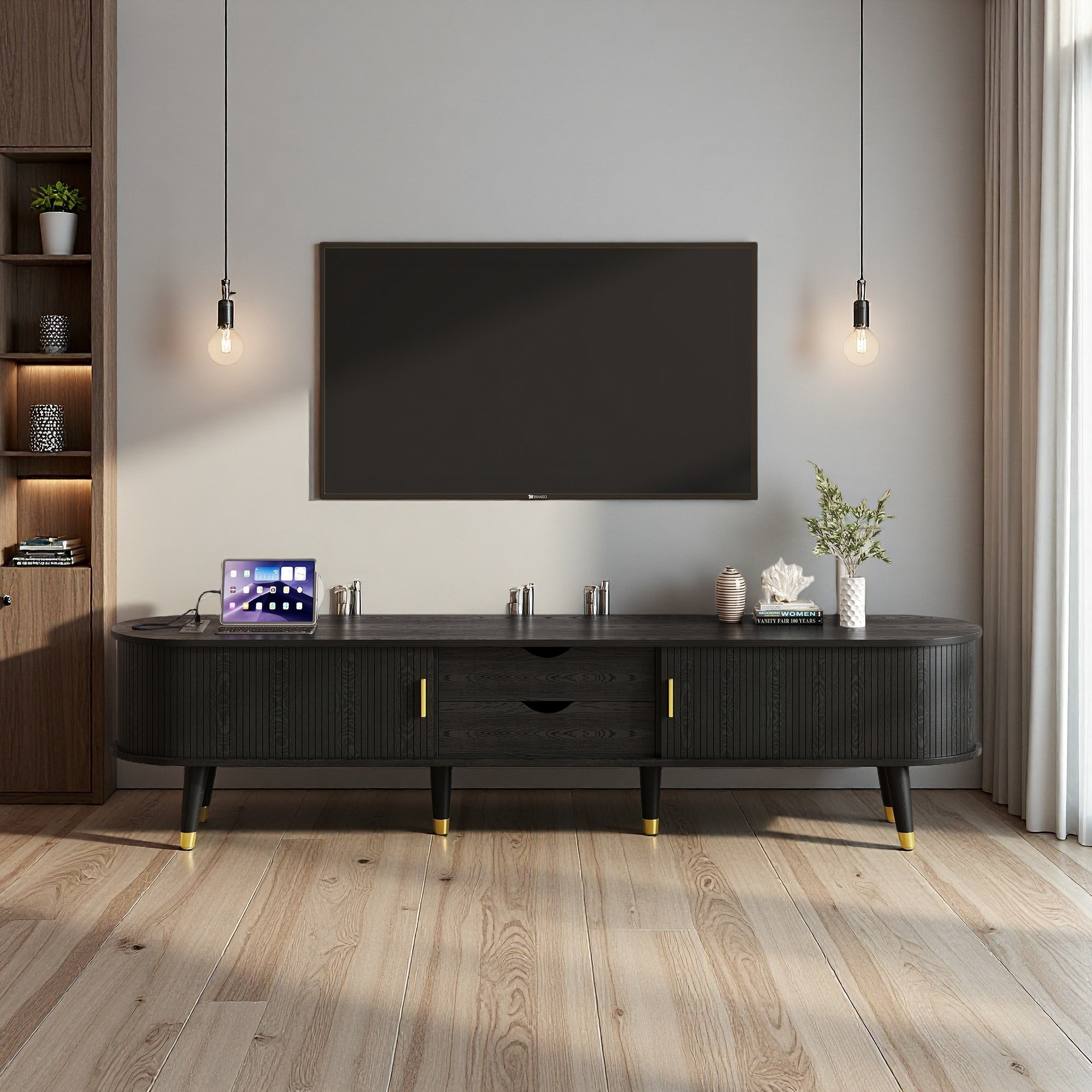 George Oliver Wooden Oval Fluted TV Stand With Charging Station For TV ...
