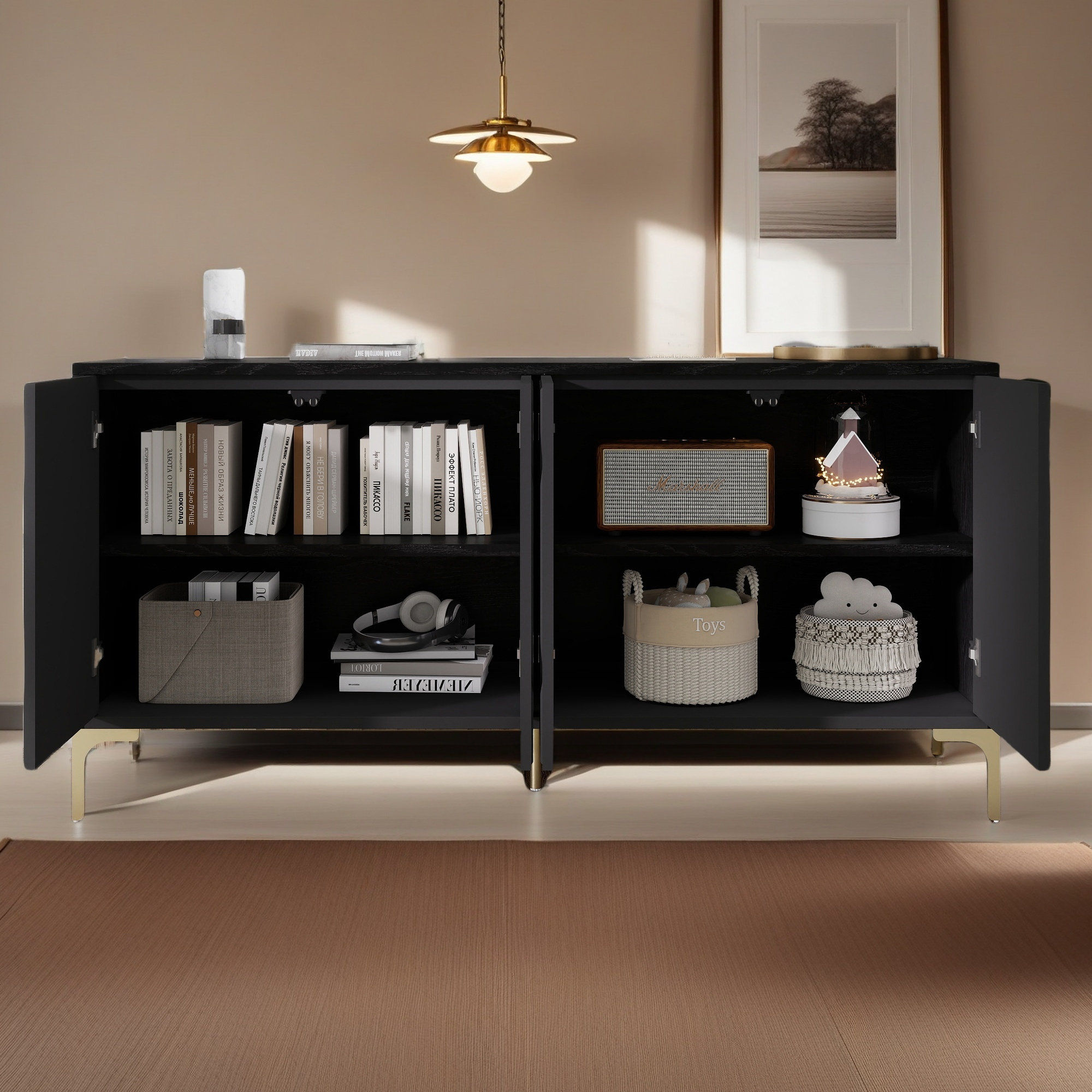 Mercer41 60" Sideboard Buffet Cabinet Handleless Press-To-Open Design ...