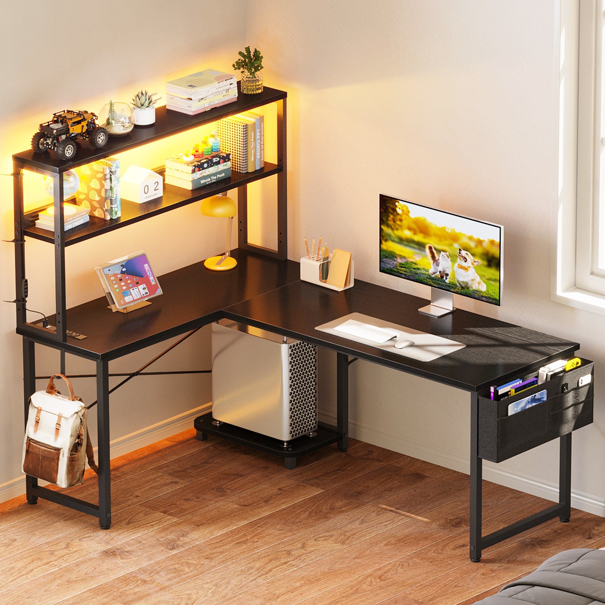 Inbox Zero L-shaped Desk With Power Outlet, Gaming Desk With Led Light ...