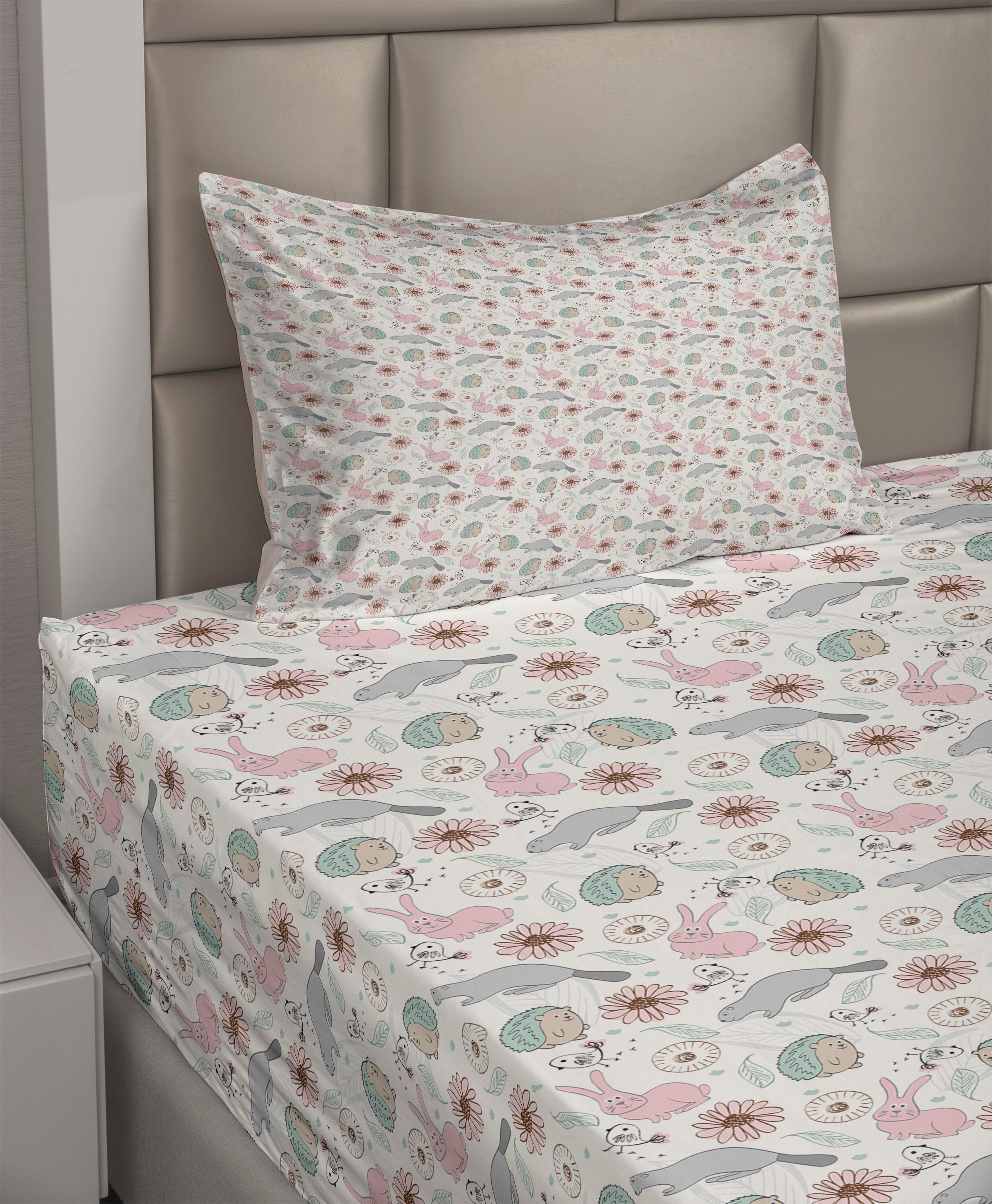 Ambesonne Forest Sheet Set Beaver Hedgehog Rabbit Art Blush Pale Grey ...